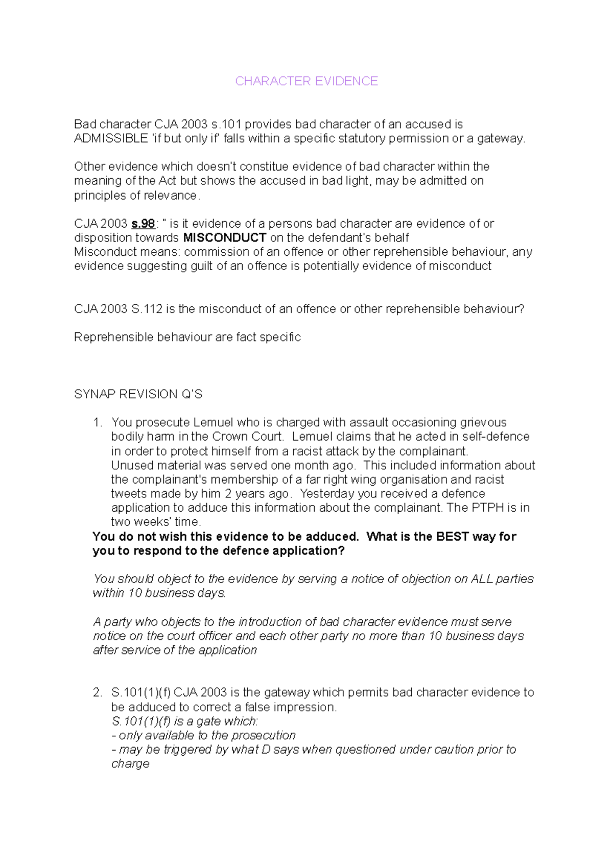 Character Evidence - Bar Practice Course - Crim001 - BPP - Studocu