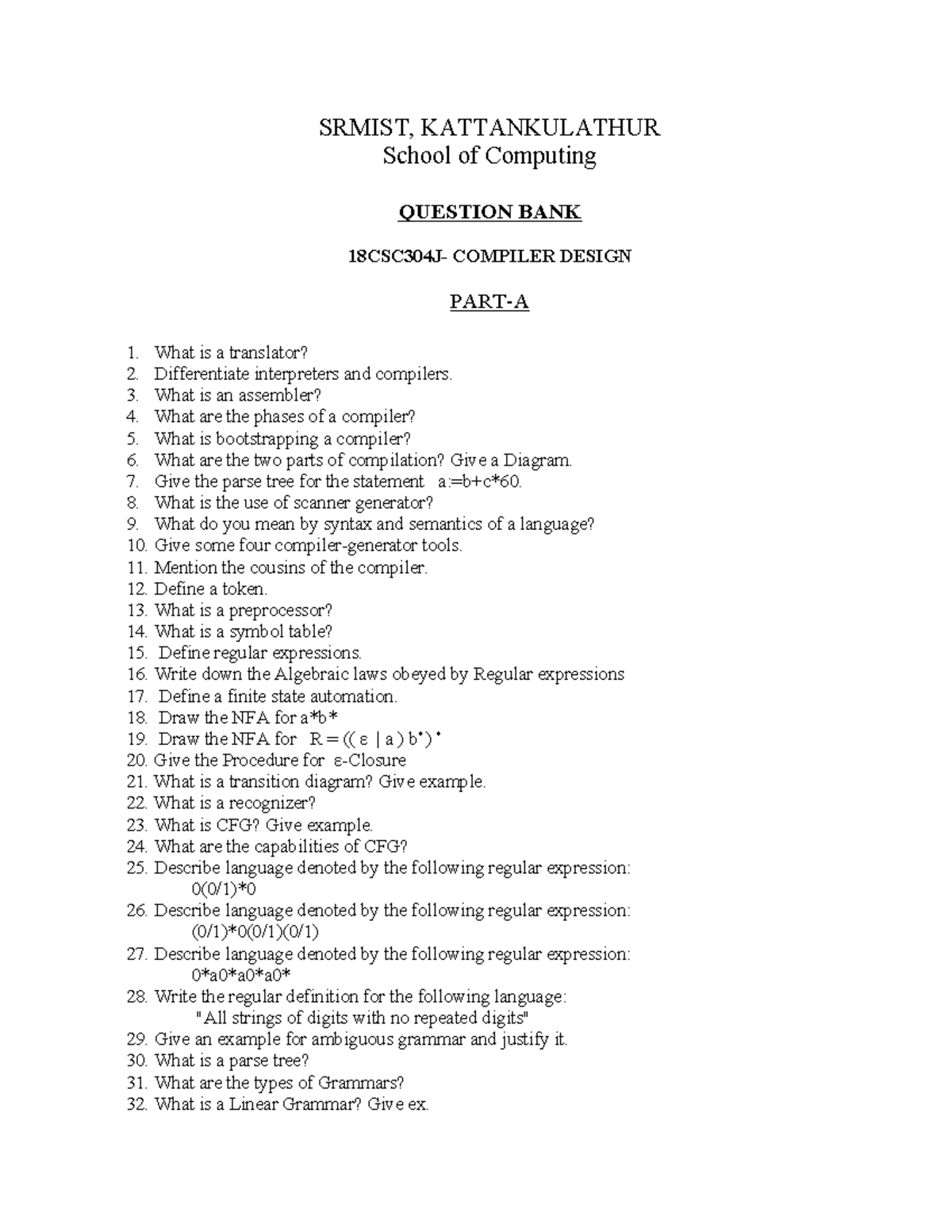 CD QB - SRMIST, KATTANKULATHUR School of Computing QUESTION BANK ...