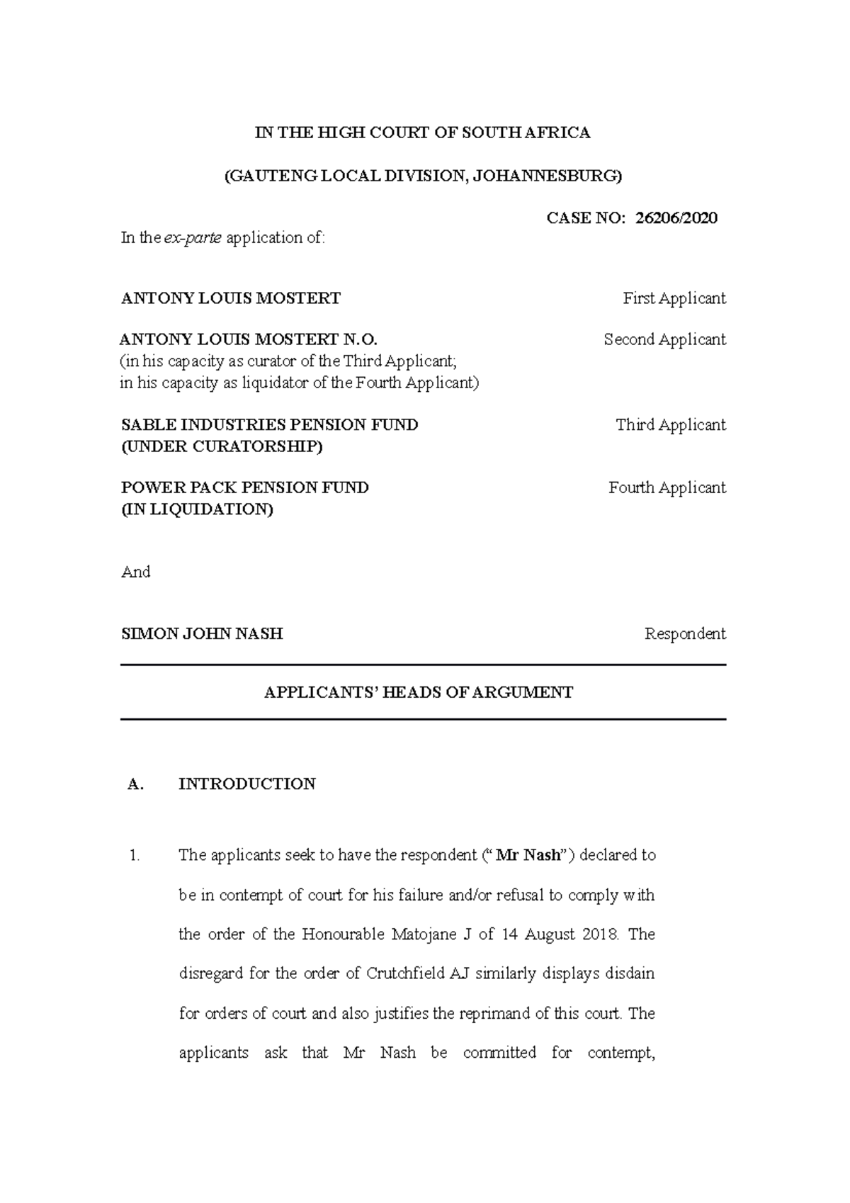 202010 01 Applicants' Heads of Argument - IN THE HIGH COURT OF SOUTH ...