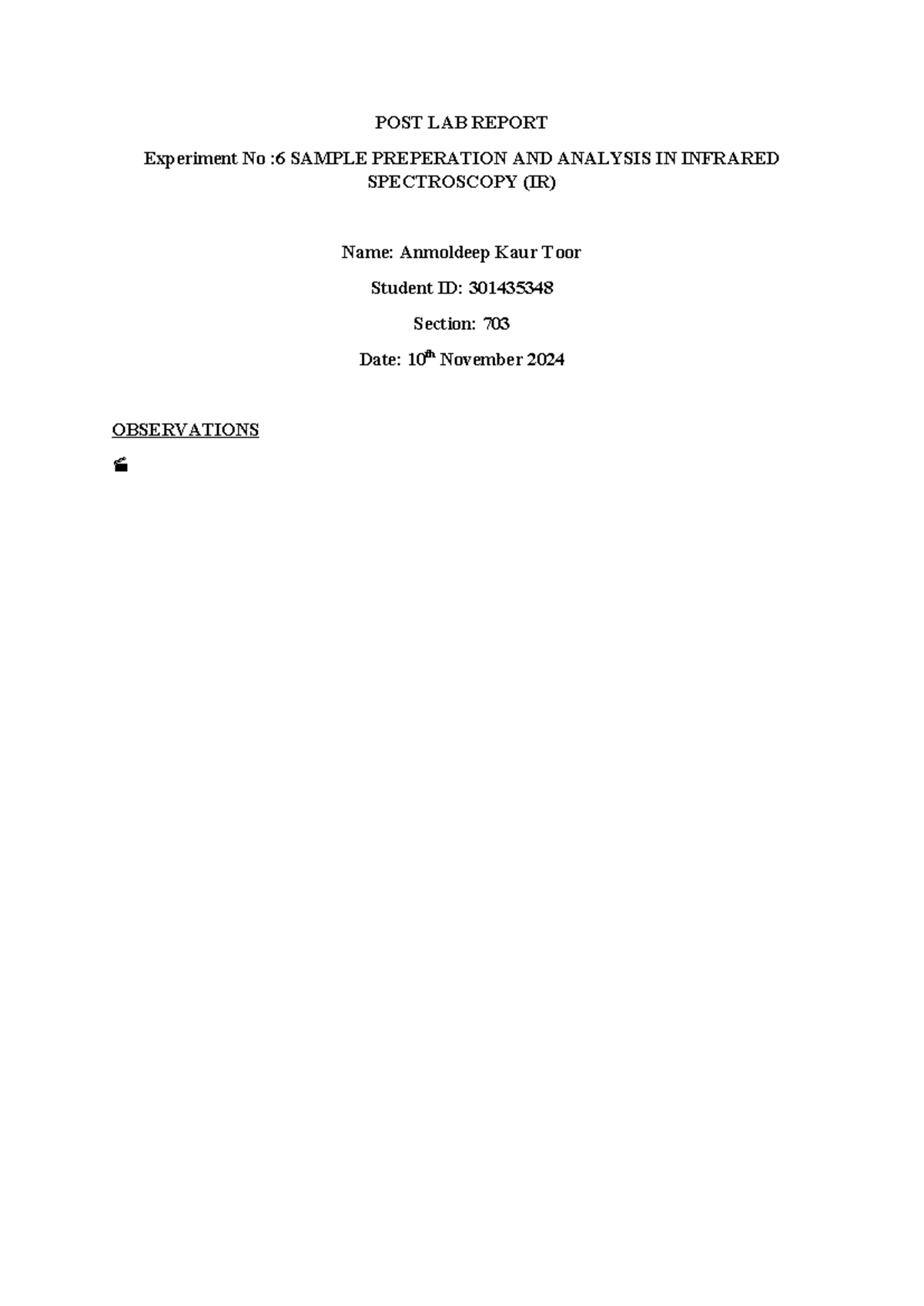 POst lab Exp NO 6 - lab - POST LAB REPORT Experiment No :6 SAMPLE PREPERATION AND ANALYSIS IN ...