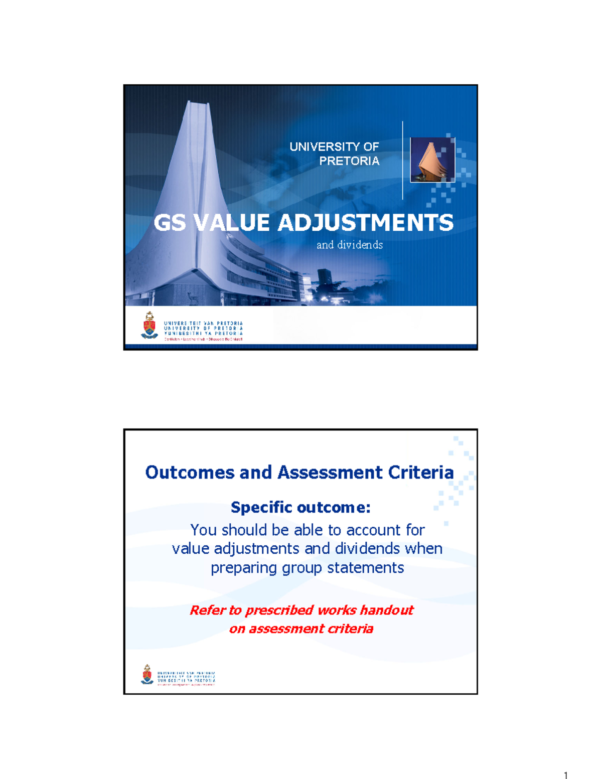 Value adjustments and dividends Lecture 1 - 1 UNIVERSITY OF PRETORIA GS ...