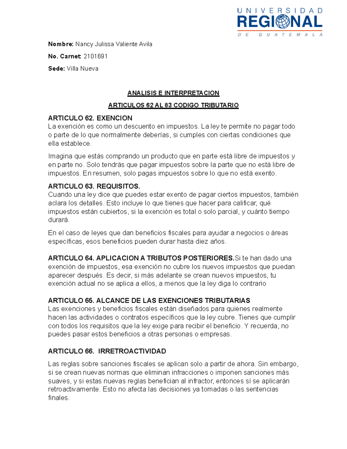 Analisis E Interpretacion Articulos 62 AL 83 Codigo Tributario - Nancy Valiente - Nombre: Nancy ...