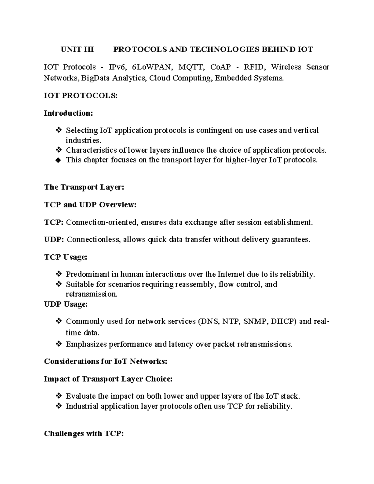 UNIT III notes - UNIT III PROTOCOLS AND TECHNOLOGIES BEHIND IOT IOT ...