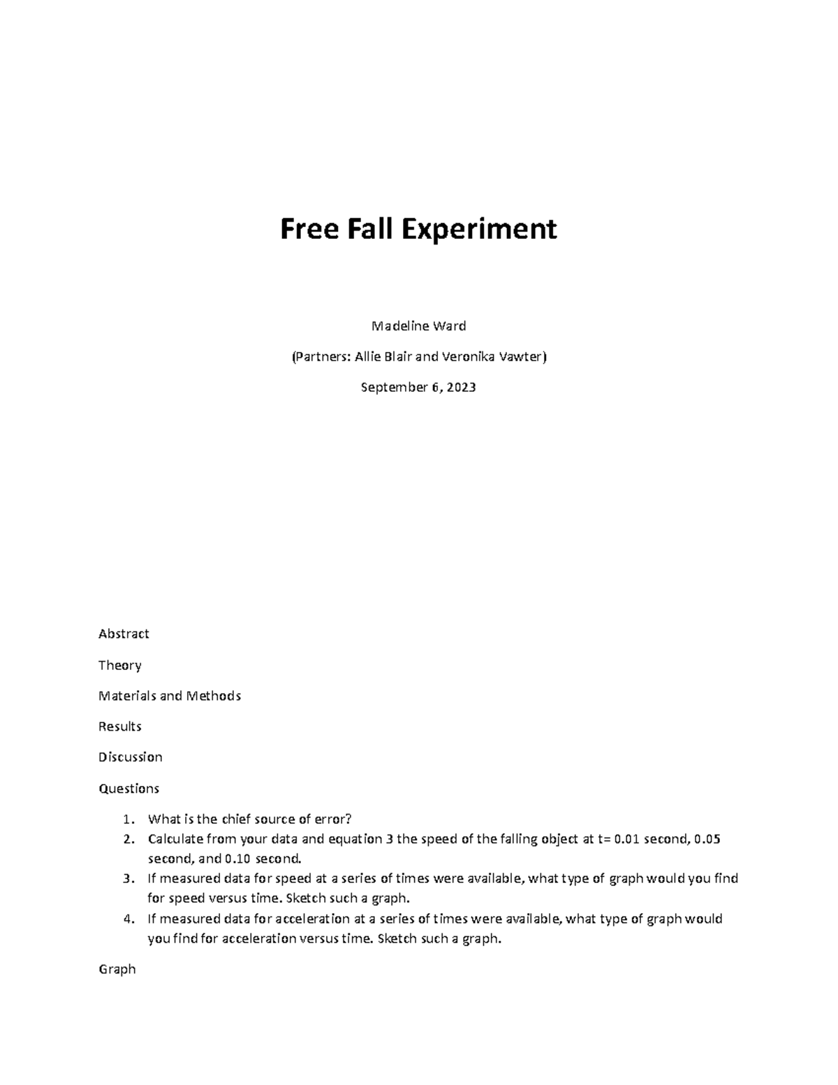Lab Free Fall - Free Fall Experiment Madeline Ward (Partners: Allie ...