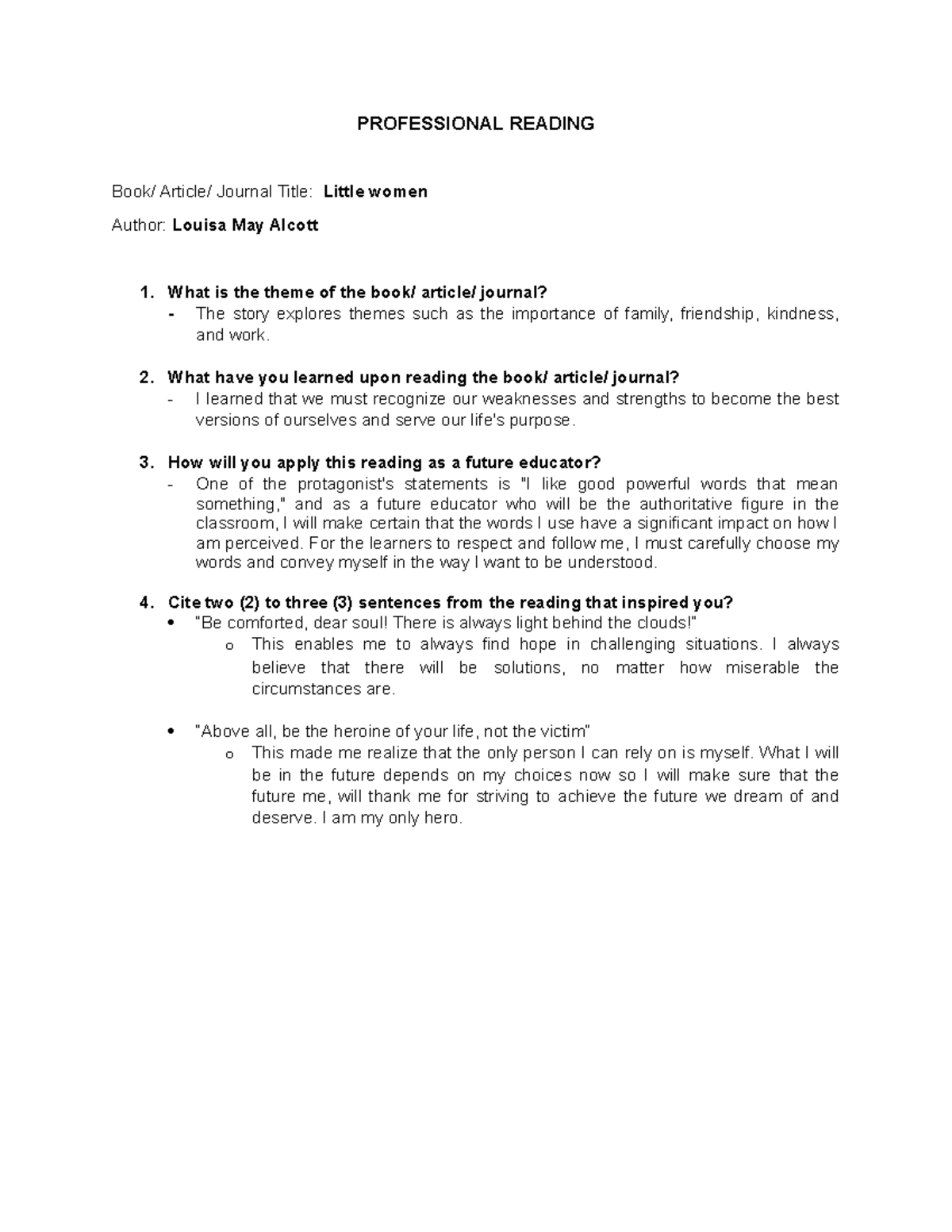 Prof Reading - Review about the novel little women by Louisa May Alcott ...