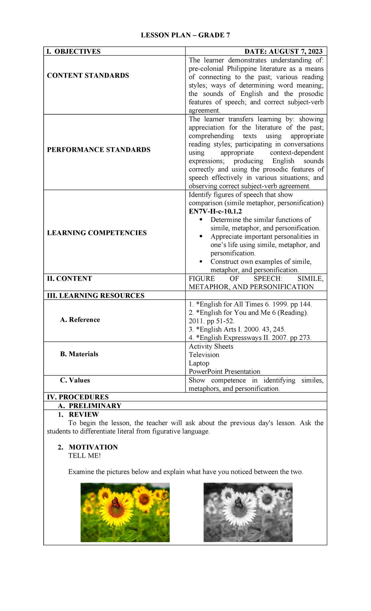 Lesson PLAN Grade 7 - Figure OF Speech - LESSON PLAN – GRADE 7 I ...