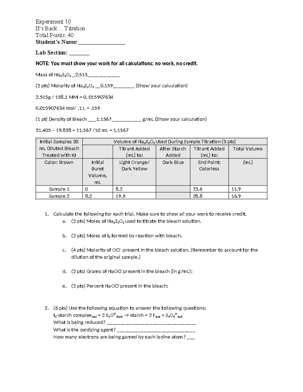CHEM 110L Experiment 10 It's Back - Experiment 10 It’s Back ...