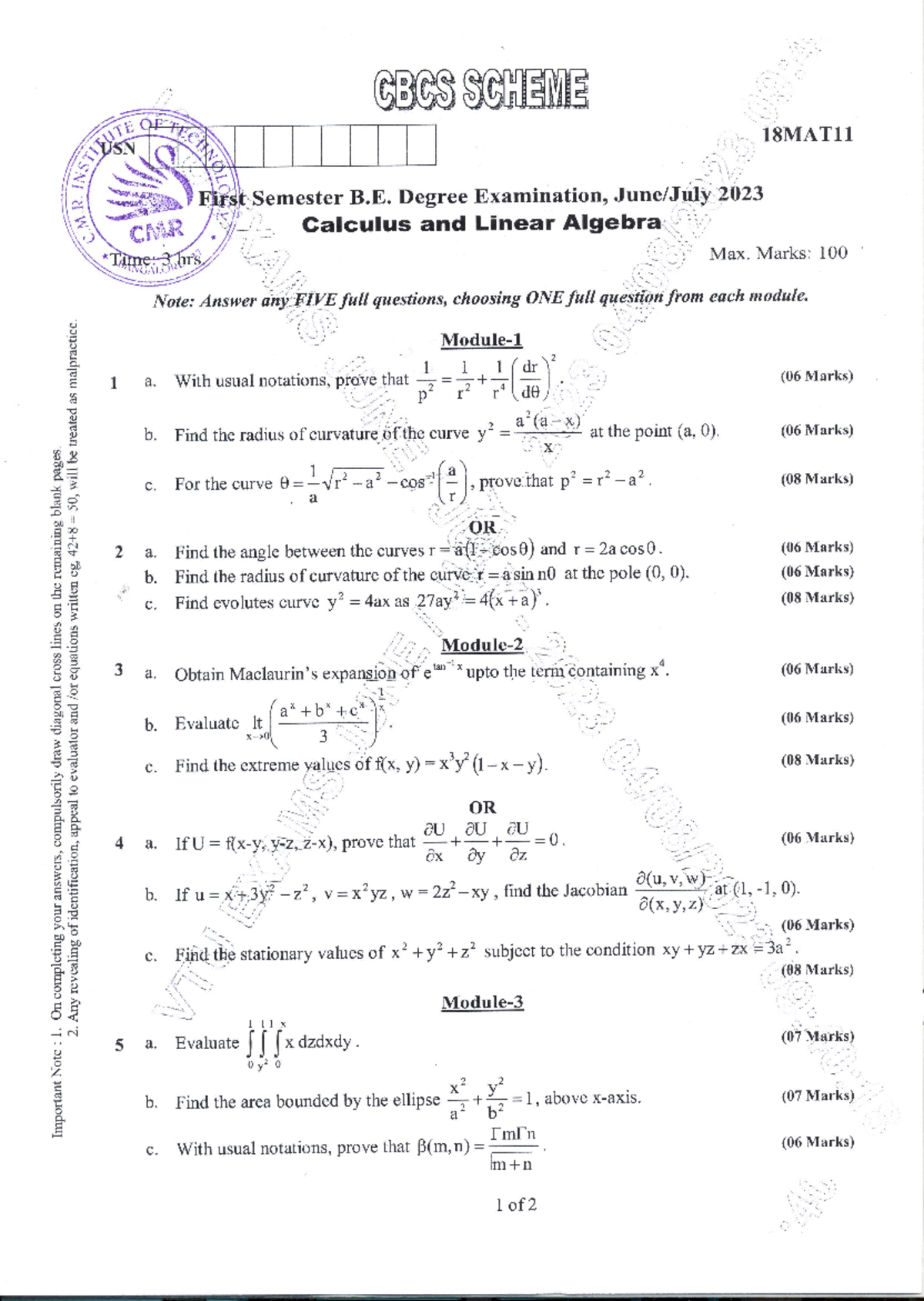 VTU Question Paper of 18MAT11 Calculus and Linear Algebra June-July ...