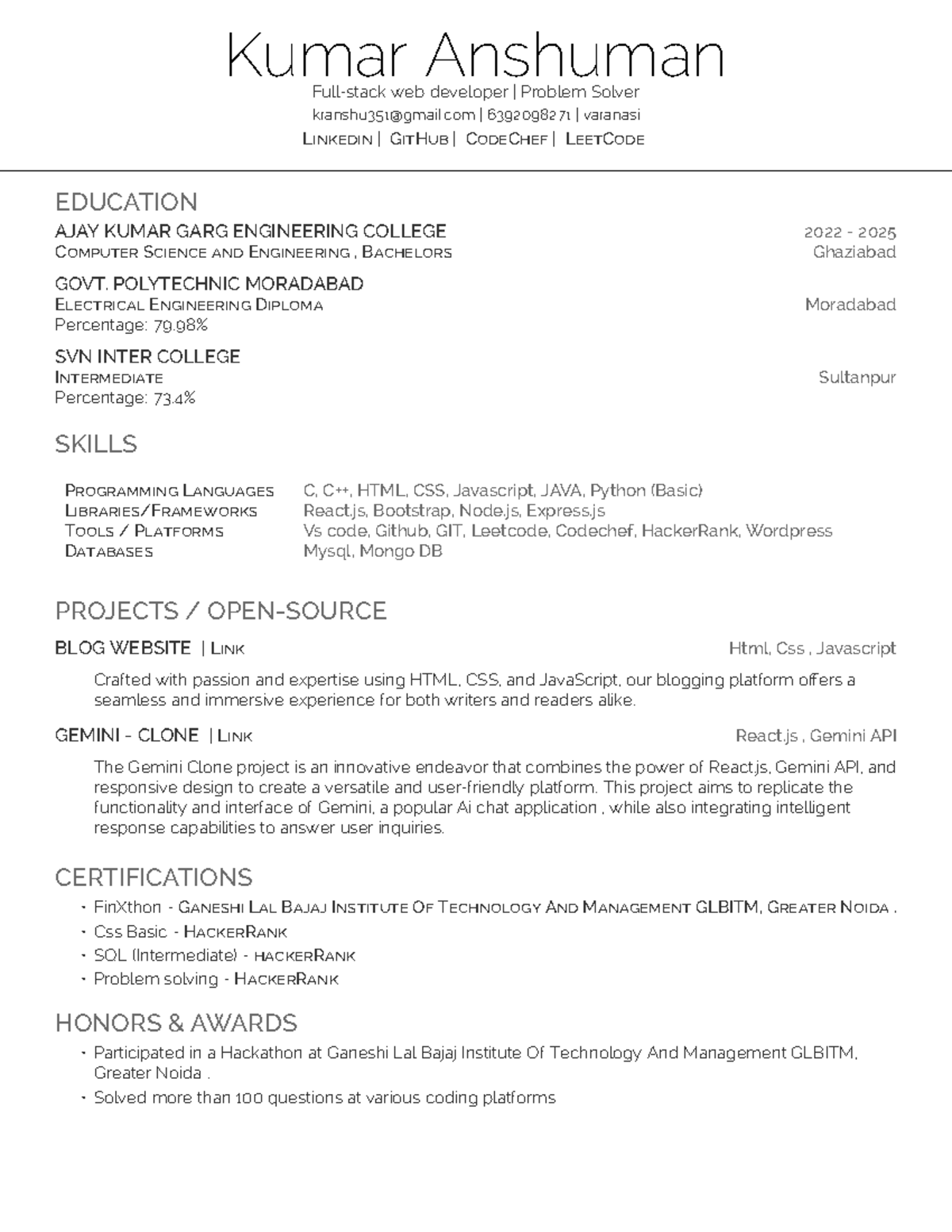 Kumar's Resume-hackerresume - Kumar Anshuman Full-stack web developer | Problem Solver - Studocu