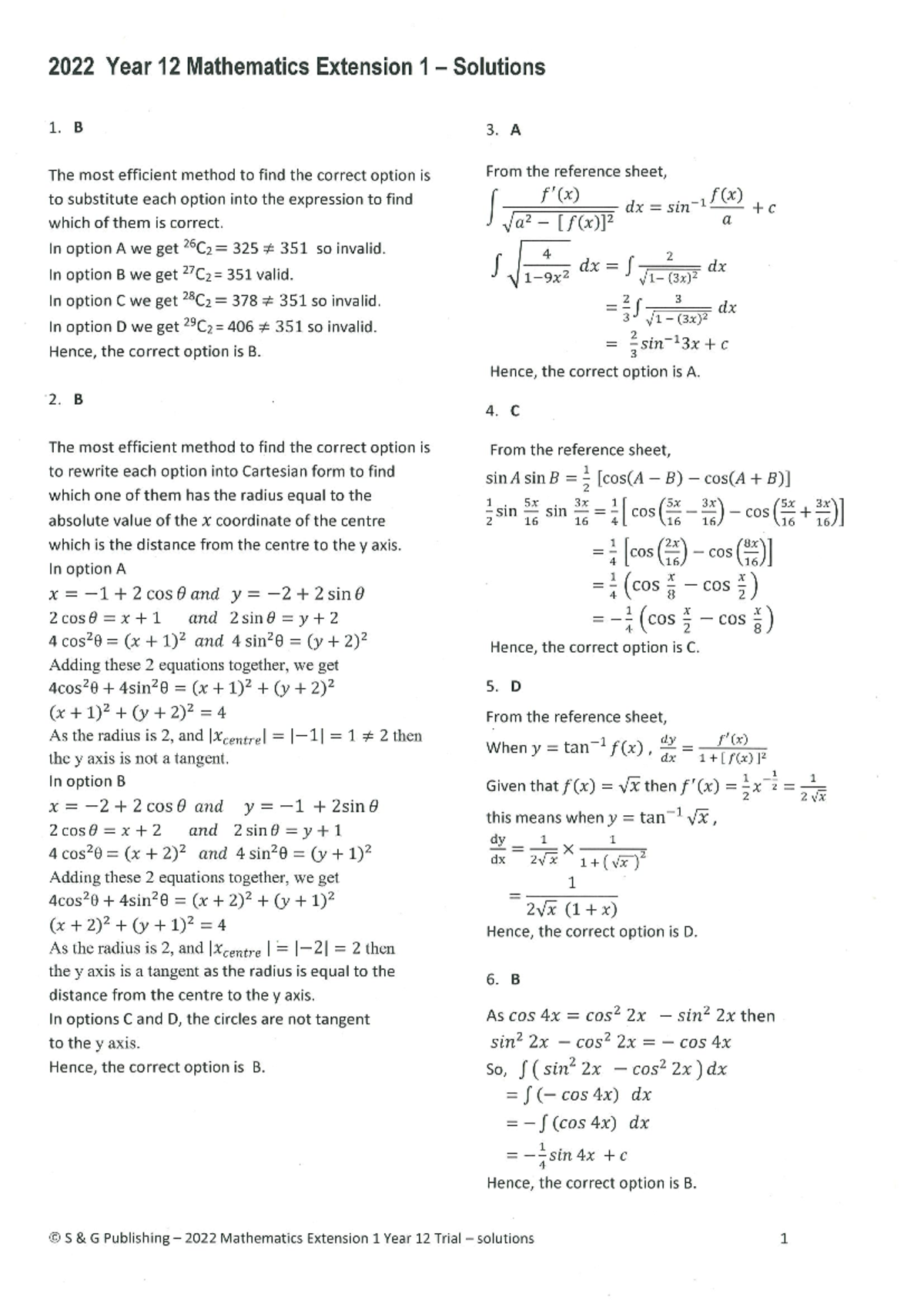 S and G 2022 X1 sol - Trial past paper - 2022 Year 12 Mathematics ...