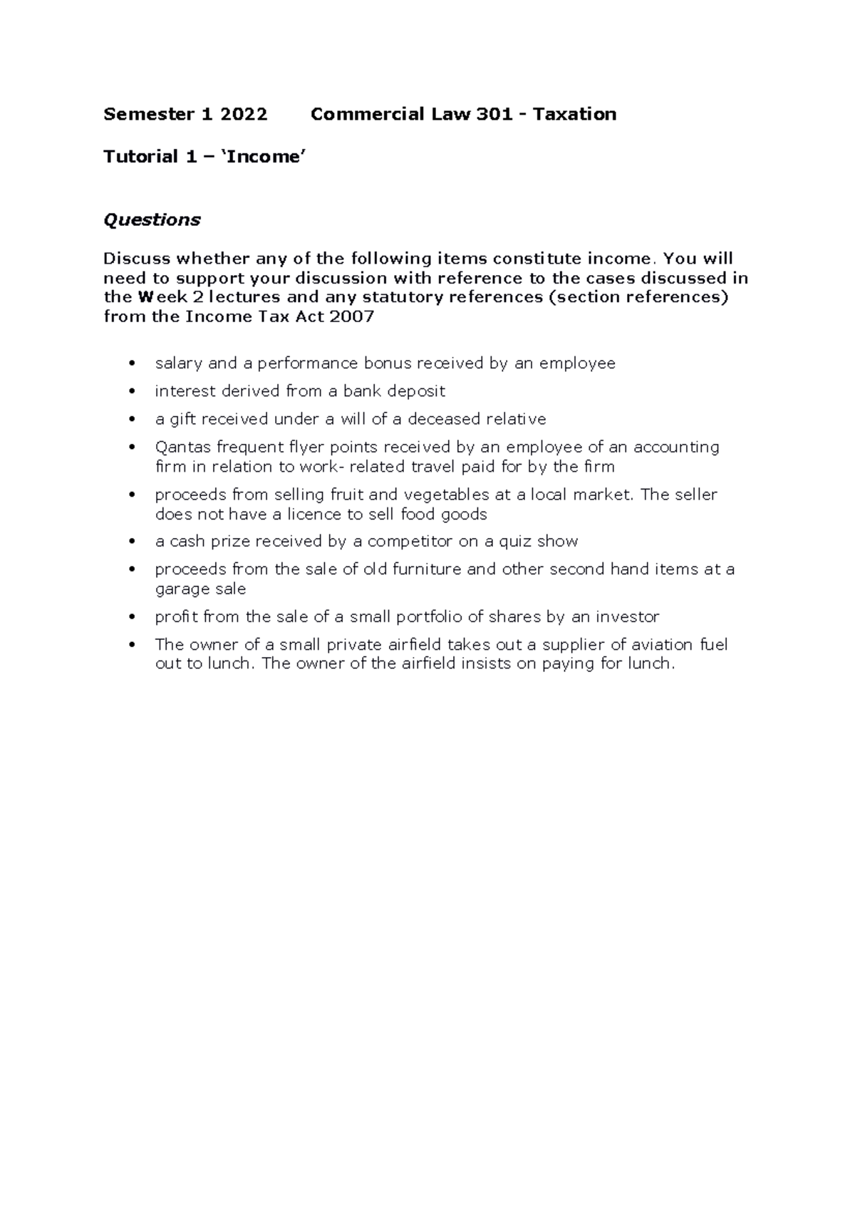 Tutorial 1 - Income - student worksheet - Semester 1 2022 Commercial ...