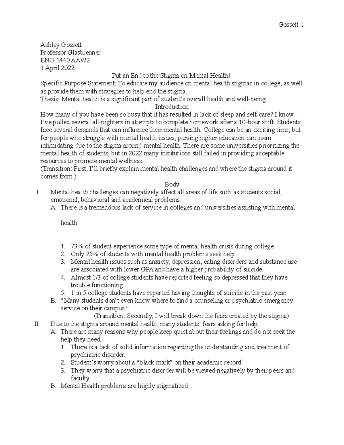 Outline mental health PS - Gossett 1 Ashley Gossett Professor ...