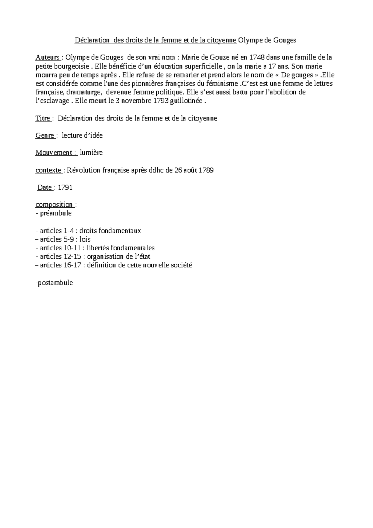 Fiche lecture - Déclaration des droits de la femme et de la citoyenne ...