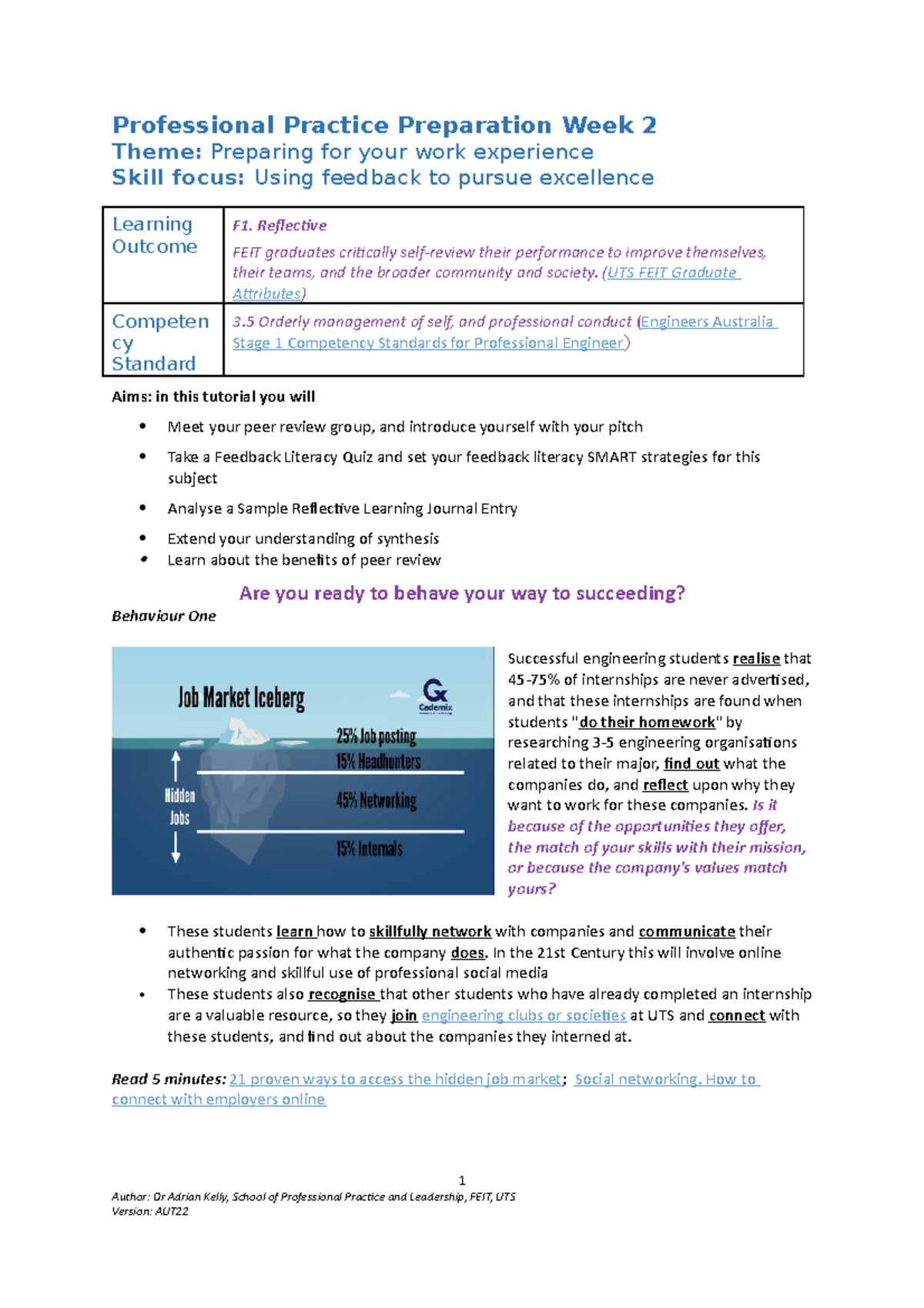 Week 2 Tutorial in class activities - Professional Practice Preparation Week 2 Theme: Preparing ...