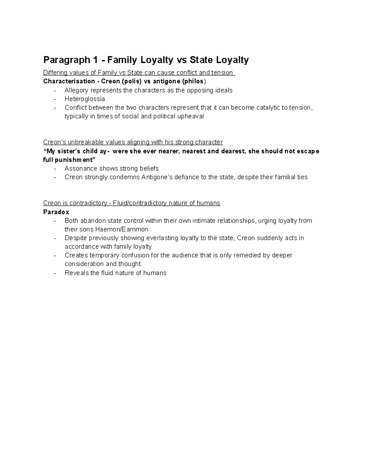 English Essay Planning - Paragraph 1 - Family Loyalty vs State Loyalty ...