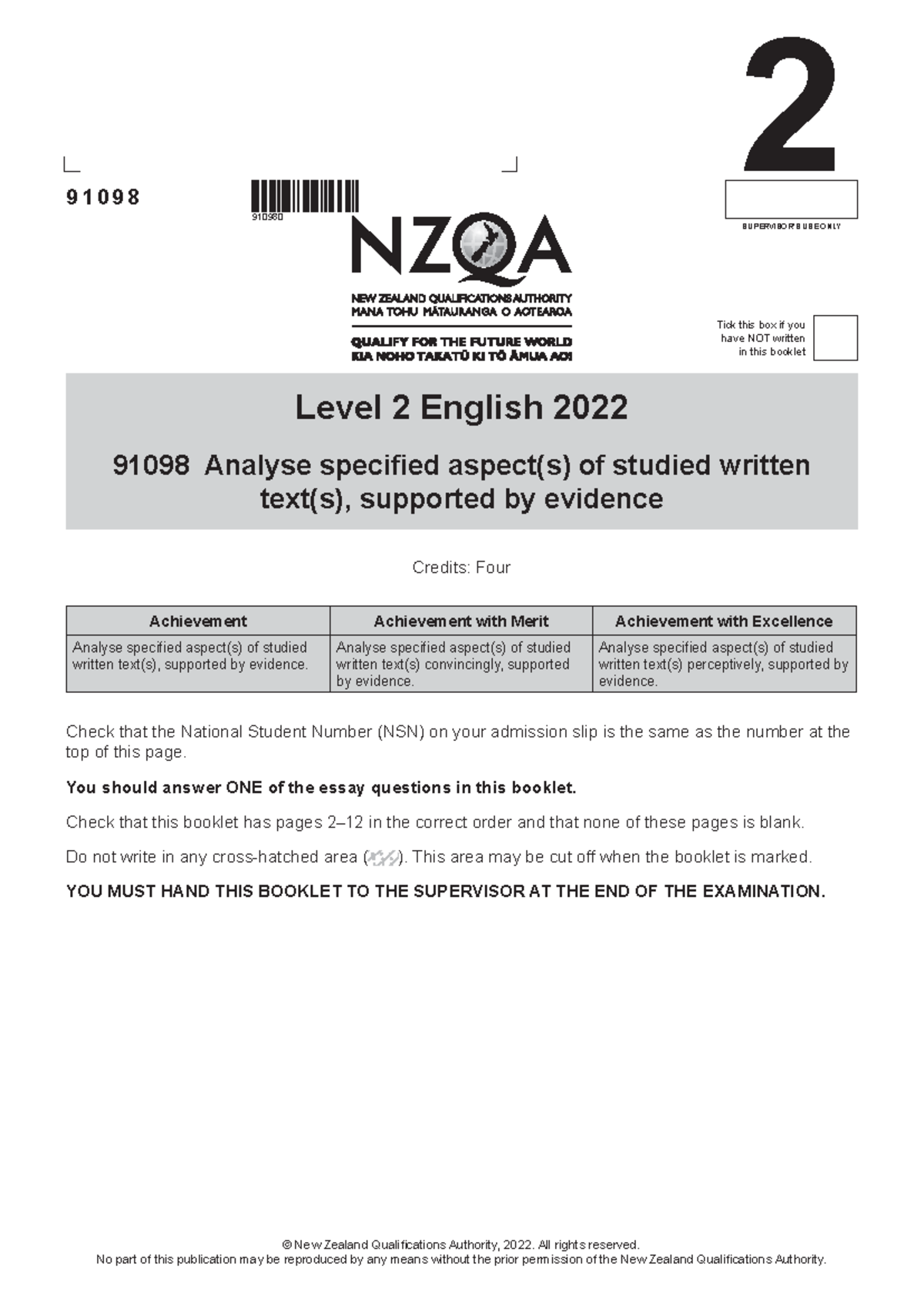 English exam level 2 2022 - 910980 SUPERVISOR’S USE ONLY 9 1 0 9 8 ...