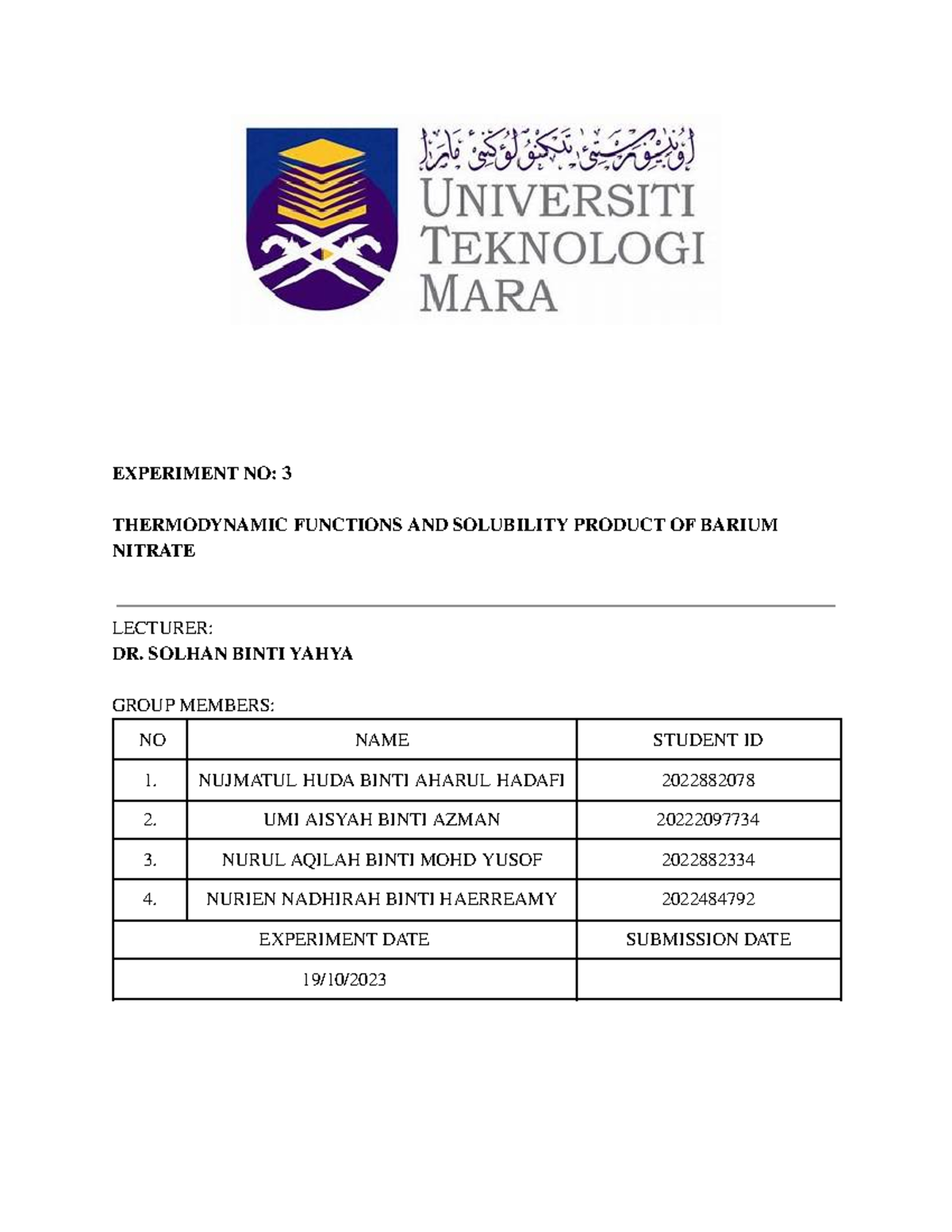 Lab report exp 3 - exercise - EXPERIMENT NO: 3 THERMODYNAMIC FUNCTIONS ...