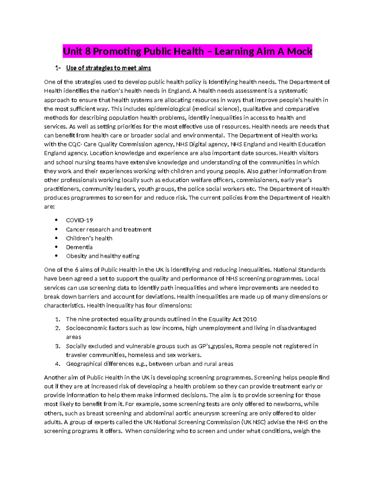 Unit 8 mock practice - health and social care - Unit 8 Promoting Public ...