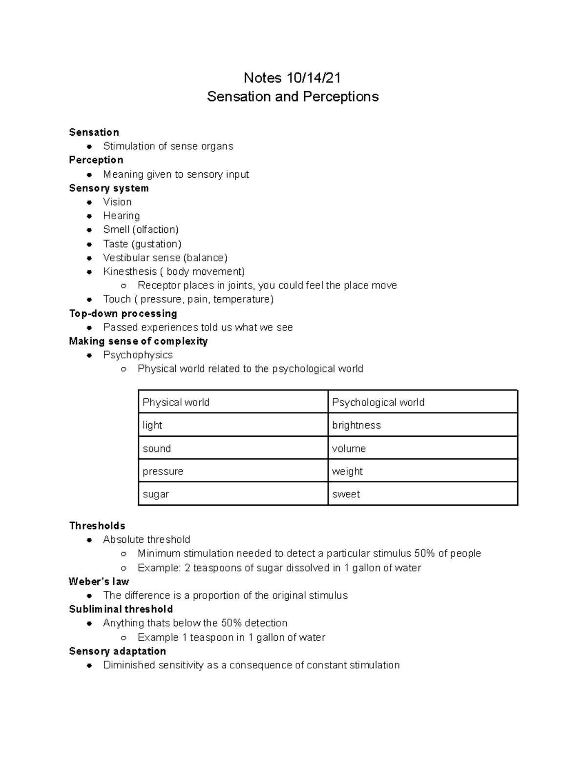Notes 10 14 21 - Notes 10/14/ Sensation and Perceptions Sensation ...