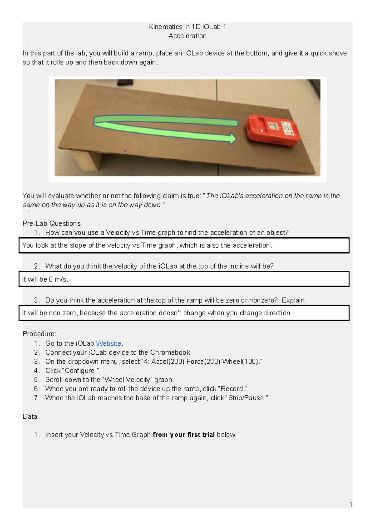 Ap Physics 1 - i OLab 3 Accel - Kinematics in 1D iOLab 1 Acceleration ...