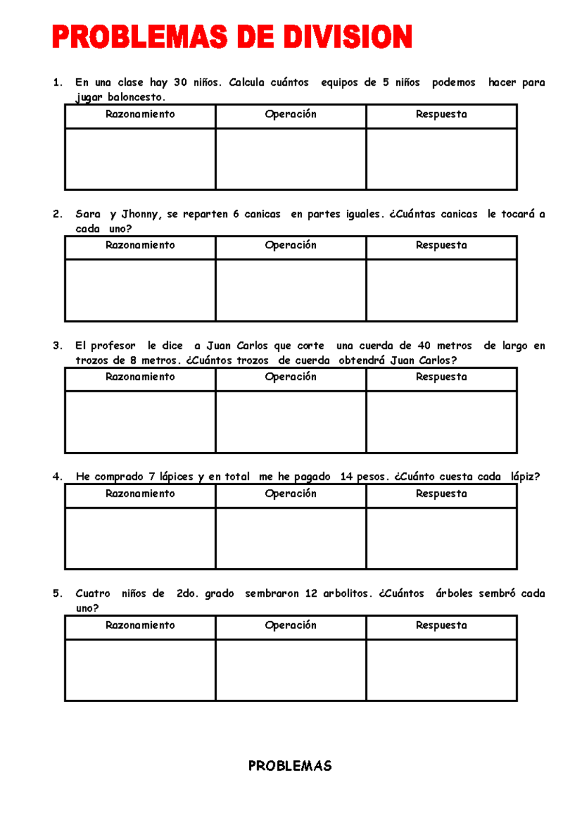 Problemas de Division para Segundo Grado de Primaria - 1. En una clase ...