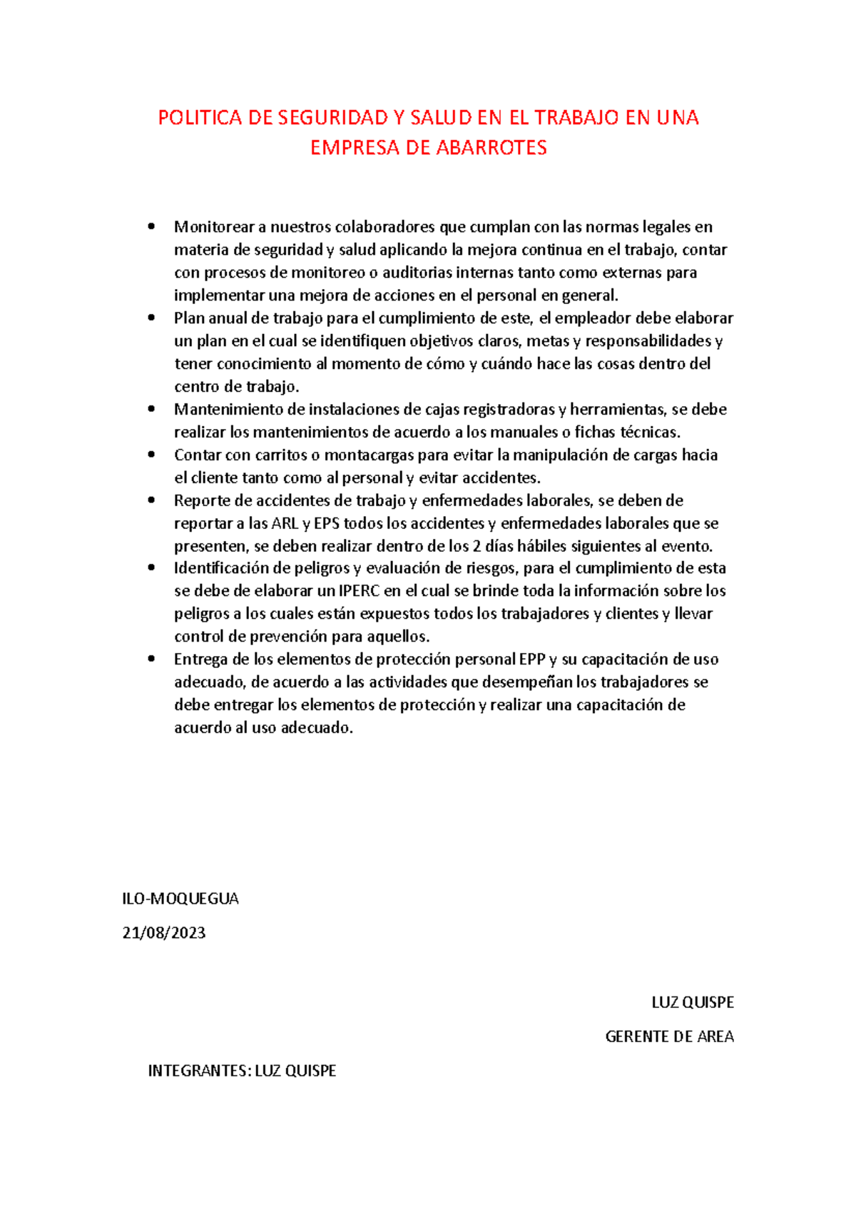 Politica DE Seguridad Y Salud - POLITICA DE SEGURIDAD Y SALUD EN EL ...