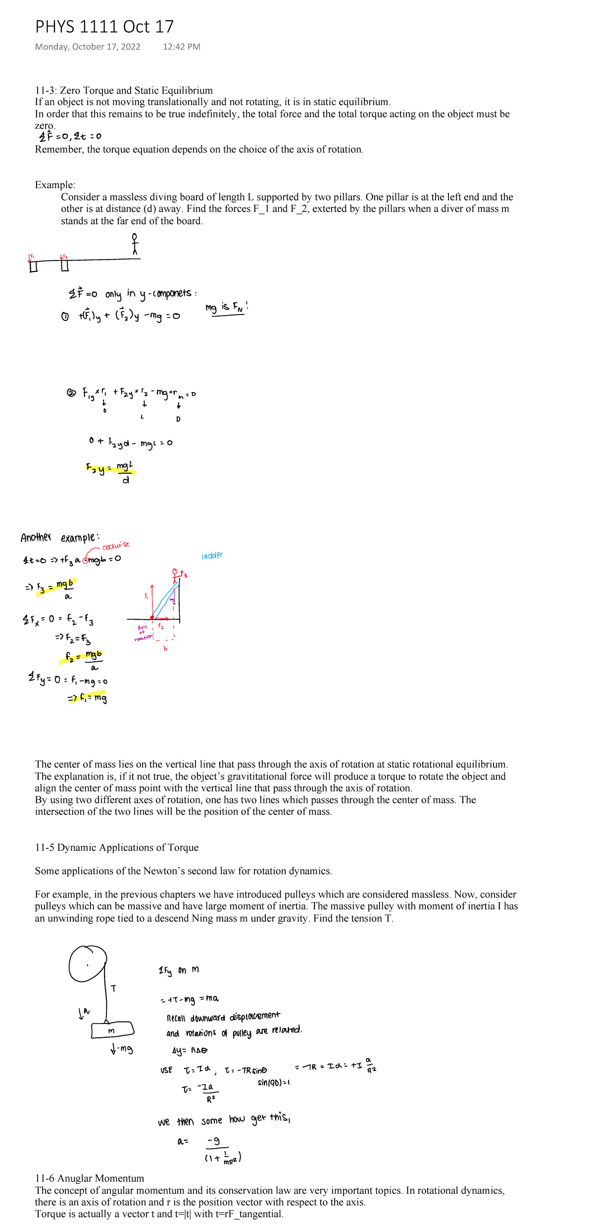 PHYS 1111 Oct 17 - KK Mon - 11-3: Zero Torque and Static Equilibrium If ...