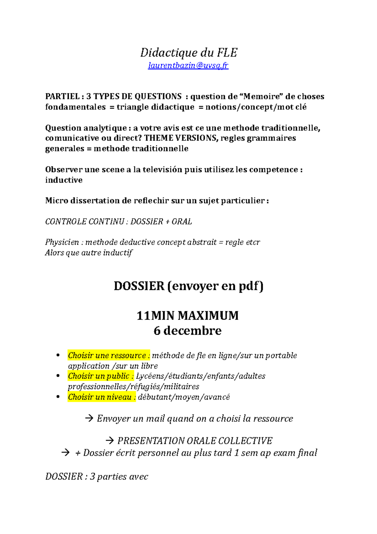 Didactique du FLE - Notes de cours 20 - Didactique du FLE PARTIEL : 3 ...