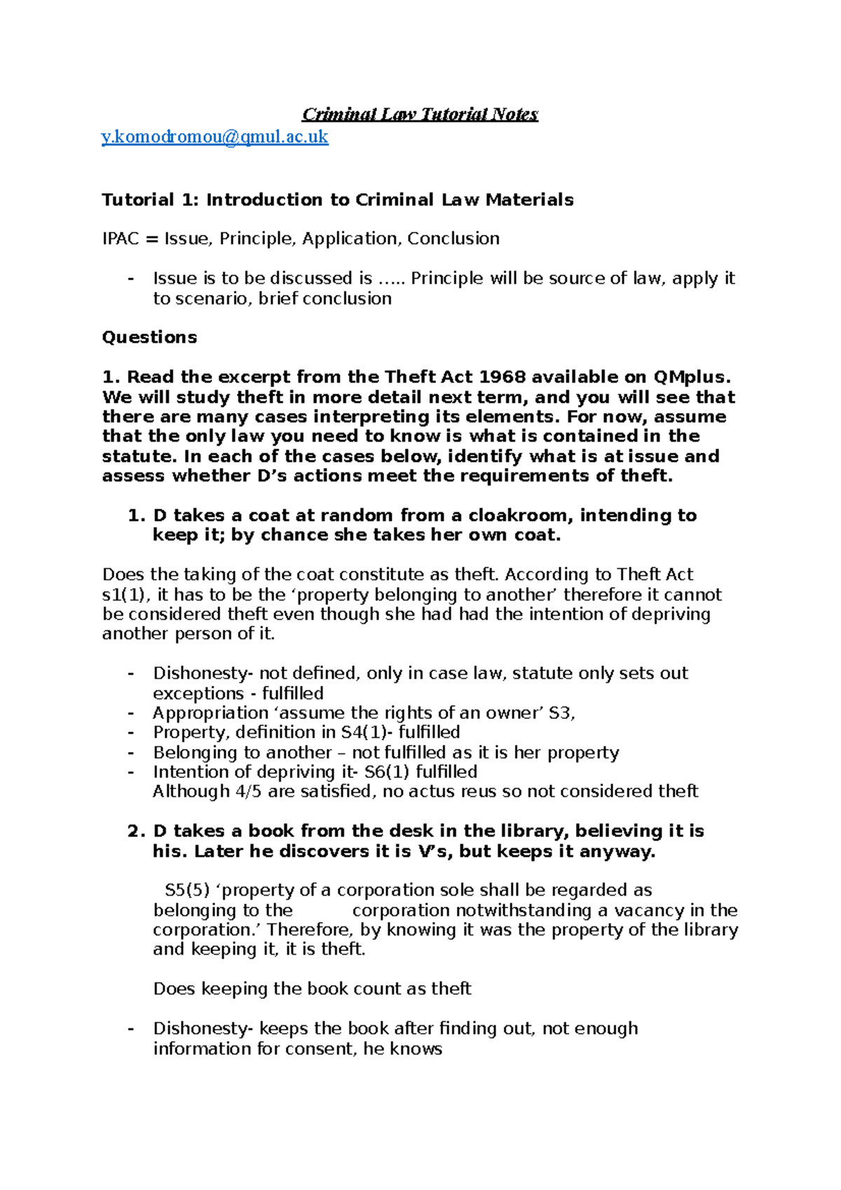 Computer science - Criminal Law Tutorial Notes y@qmul.ac Tutorial 1 ...