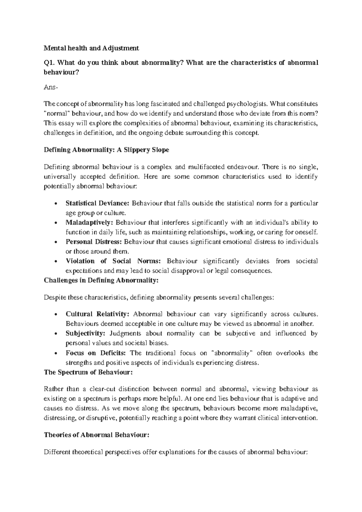 Assignment-Mental health and Adjustment - Mental health and Adjustment ...