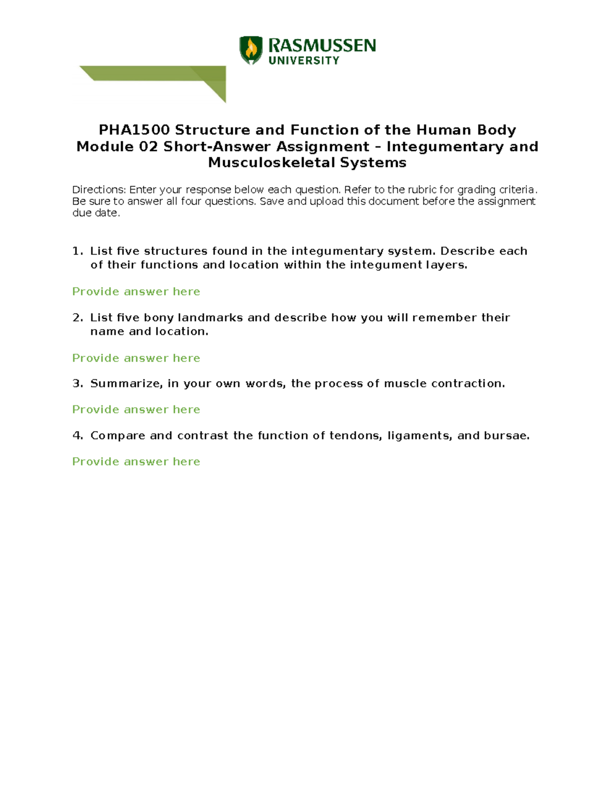 PHA1500 Short Answer Assignment Module 02 - PHA1500 Structure and ...