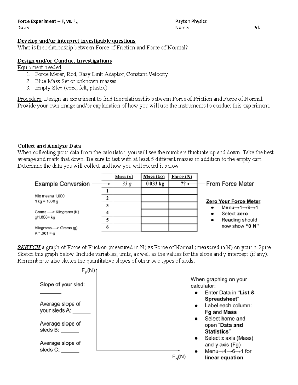 Force of Friction Lab - Force Experiment – Ff vs. FN Payton Physics ...