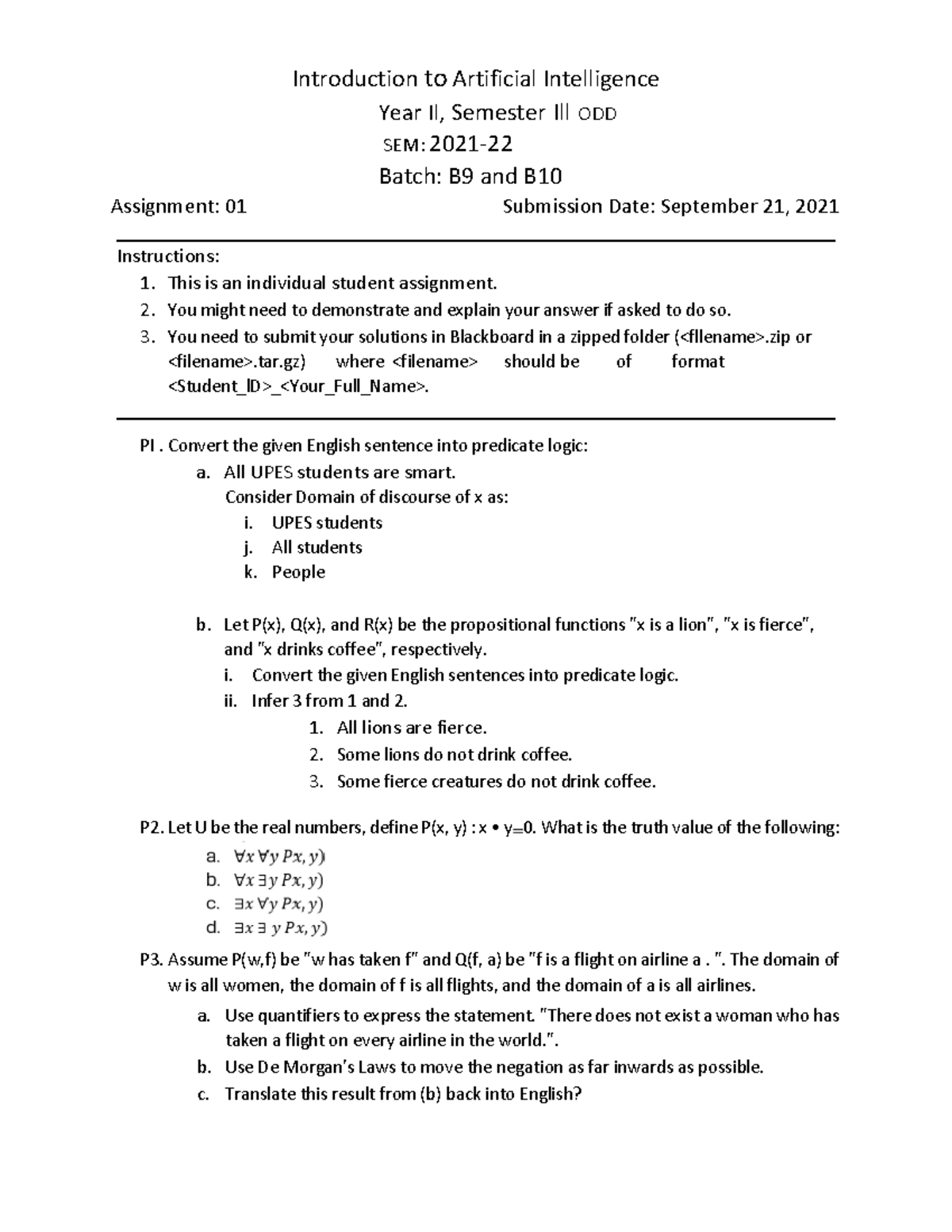 AI Assignment 01 14 09 - Introduction to Artificial Intelligence Year Il, Semester Ill ODD SEM ...