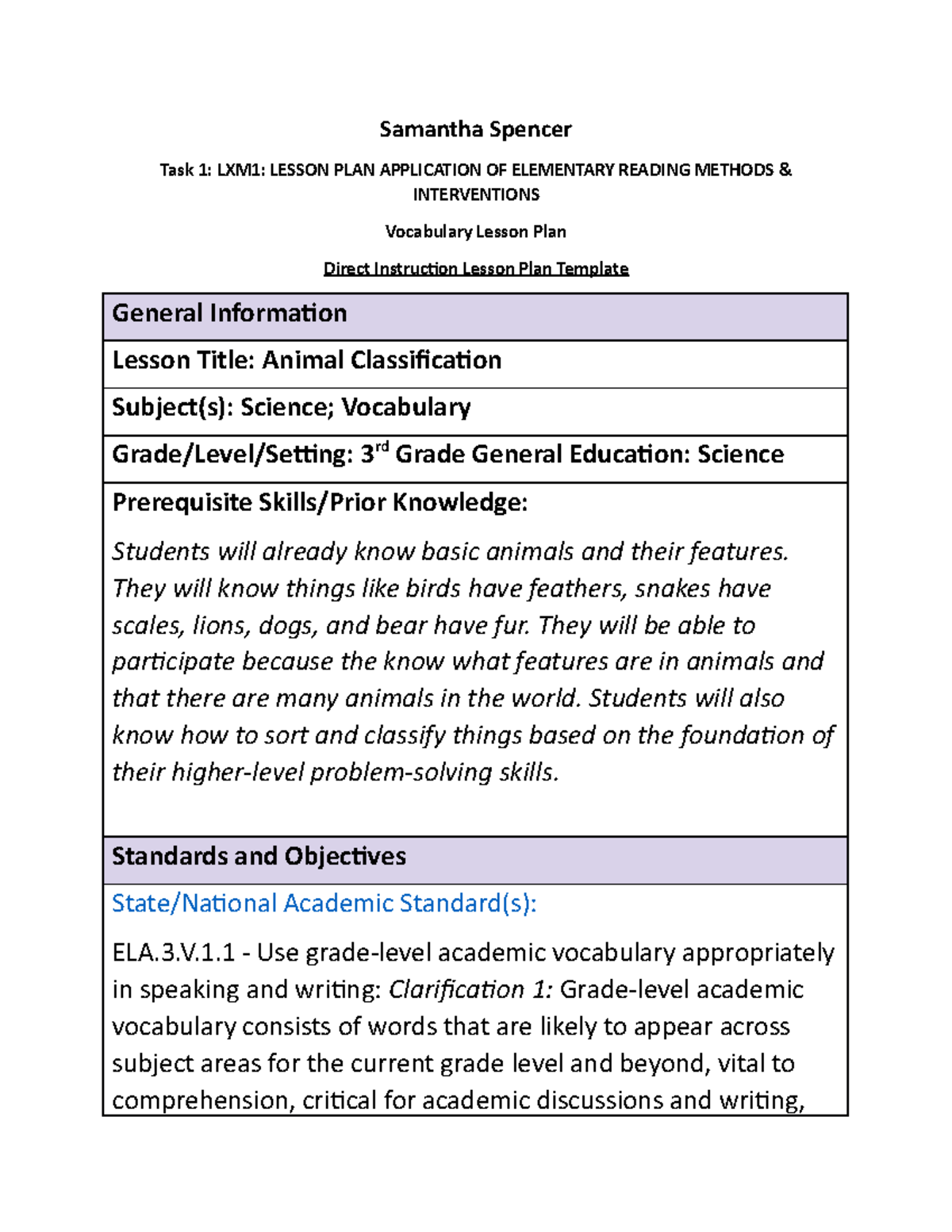 Lp direct instruction lesson plan template (1) - Samantha Spencer Task 1: LXM1: LESSON PLAN ...