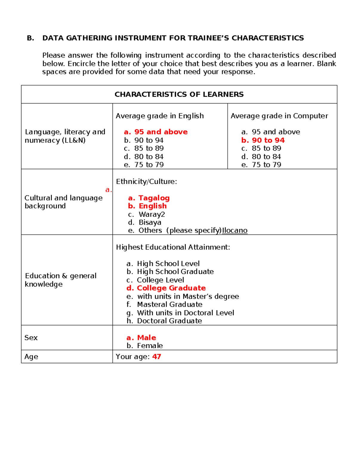 DATA Gathering Instrument Sample - B. DATA GATHERING INSTRUMENT FOR ...
