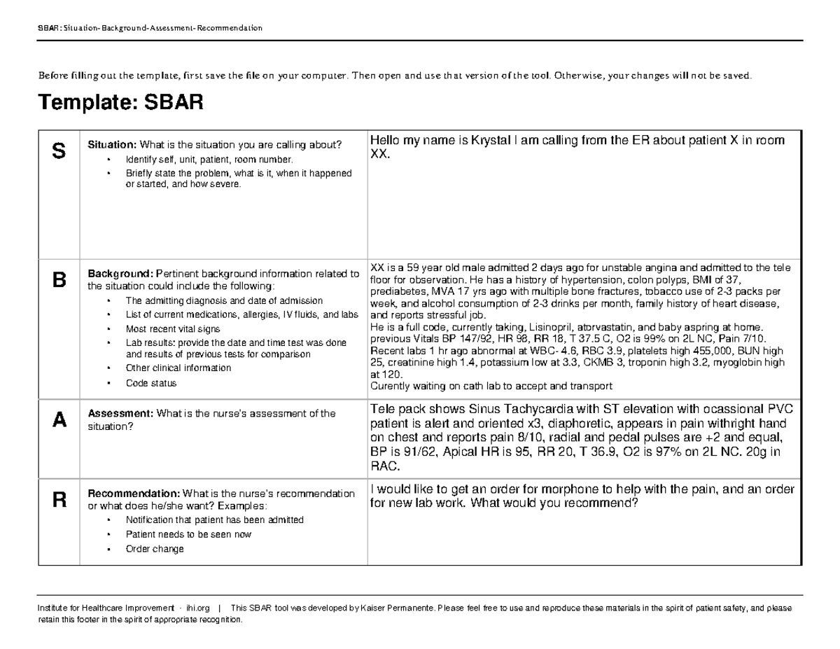 Davis Clinical Judgment MI Part B SBAR - SBAR: Situation-Background ...