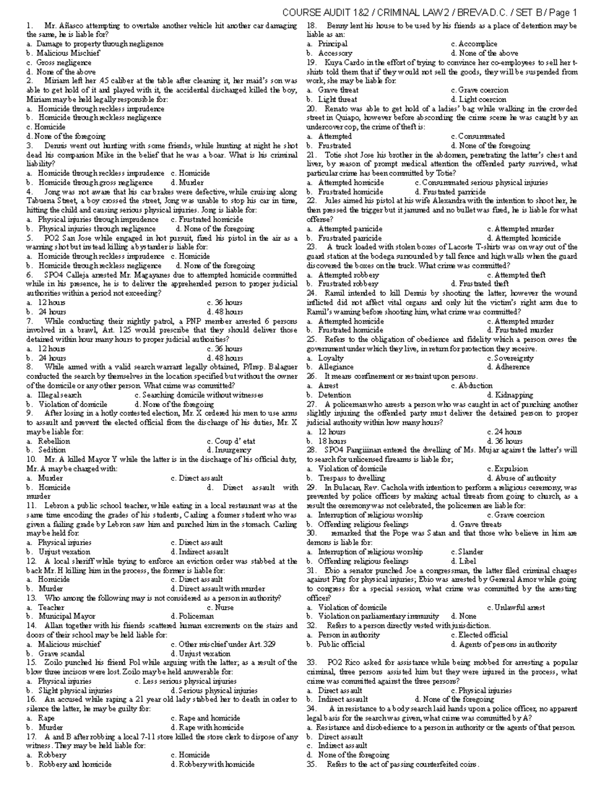 Pdfcoffee - Lecture notes 1 - COURSE AUDIT 1&2 / CRIMINAL LAW 2 / BREVA ...