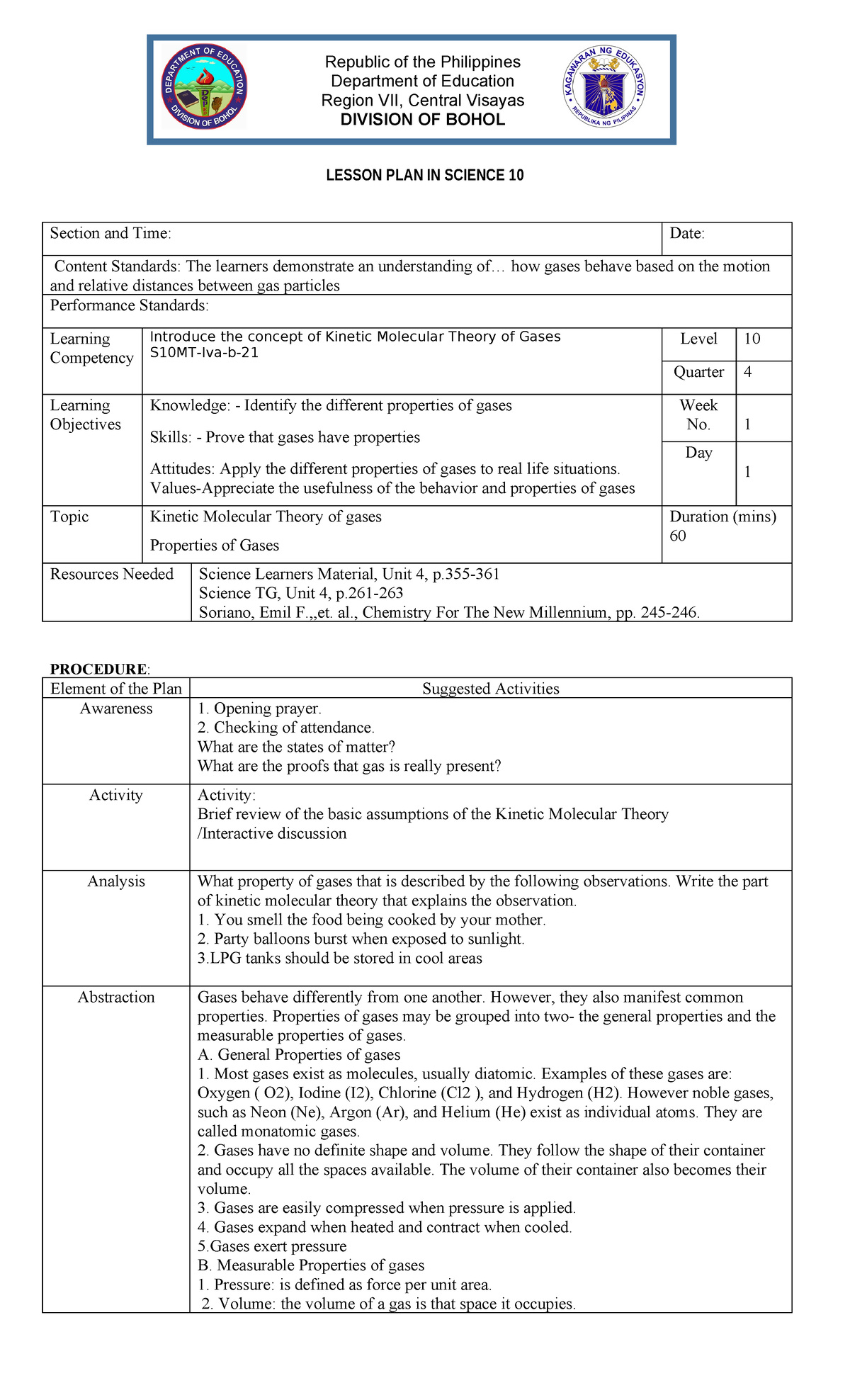 Science-10 q4 w1 d1 - LESSON PLAN IN SCIENCE 10 Section and Time: Date ...