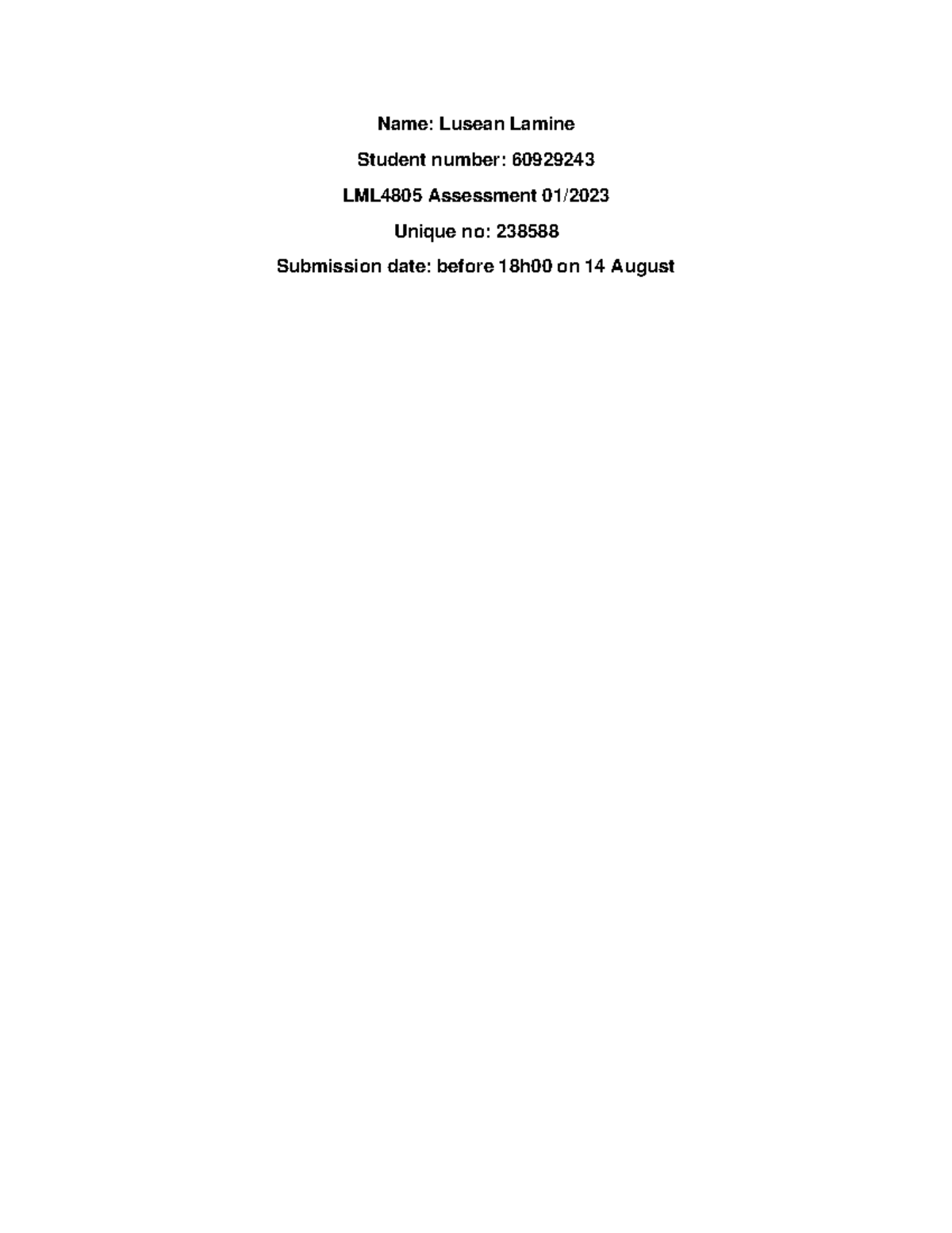Lusean Catherine Lamine 12717545 0 - Name: Lusean Lamine Student number ...