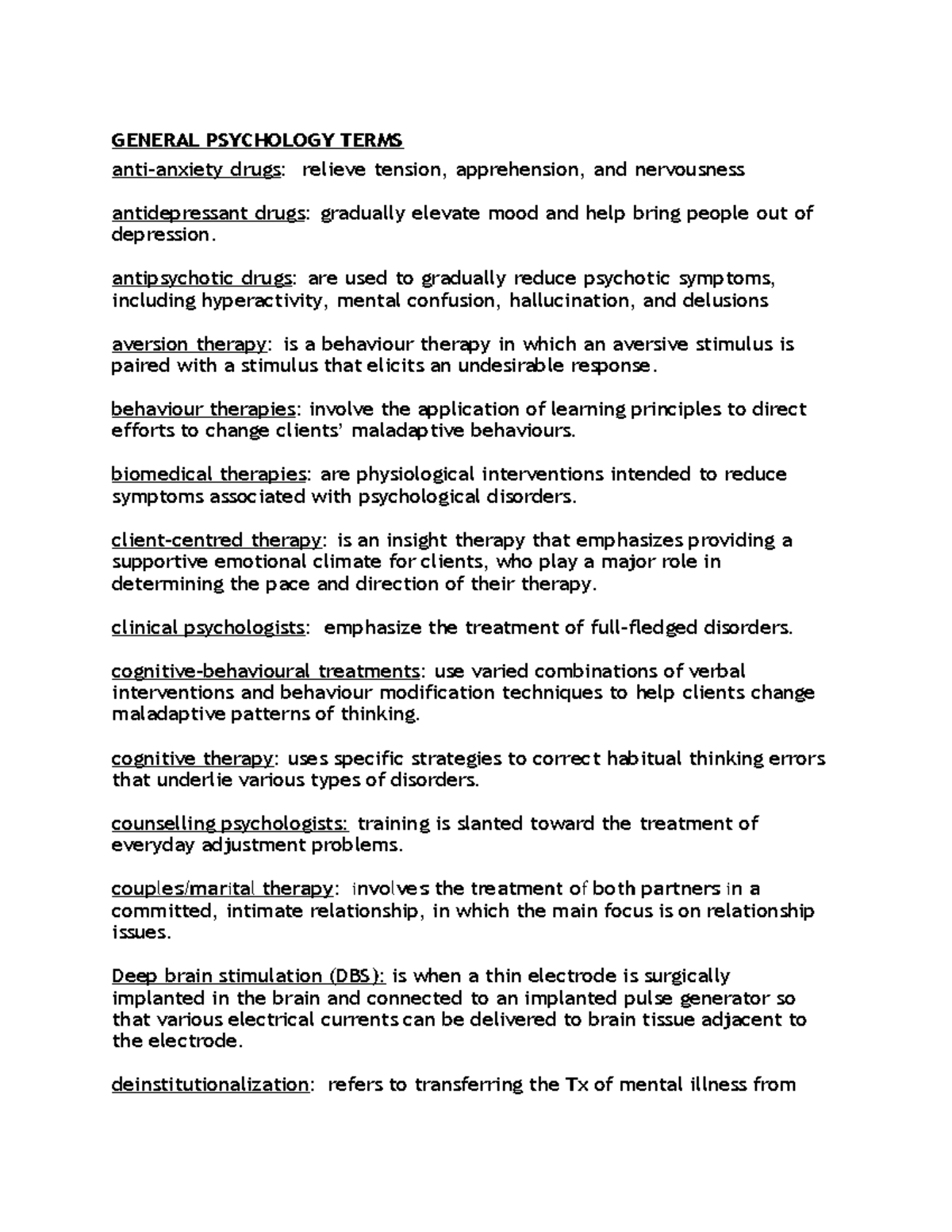 General Psychology Terms - BS Psychology - Studocu