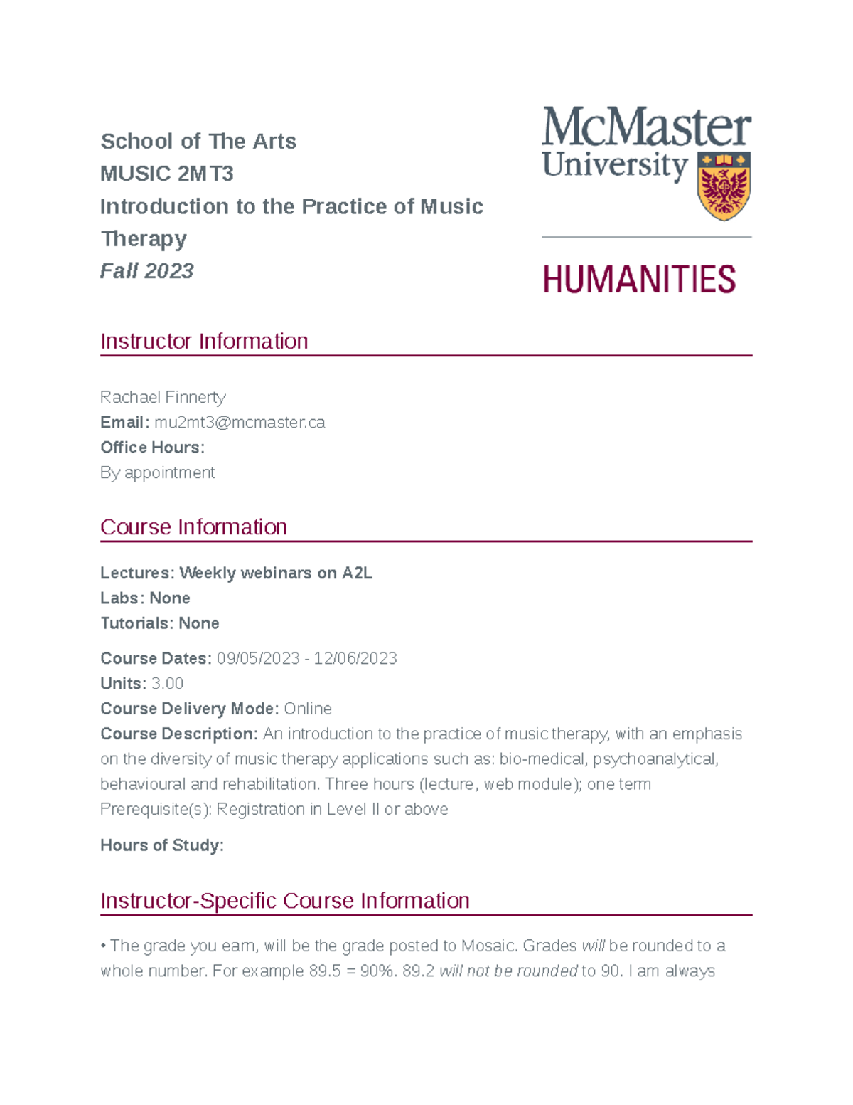 Course Outline Fall 2023 - School of The Arts MUSIC 2MT Introduction to ...