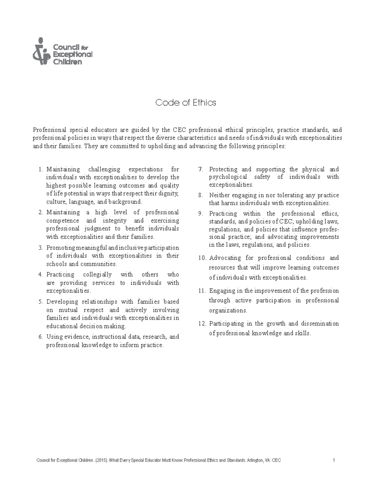Code of Ethics - Council for Exceptional Children. (2015). What Every ...