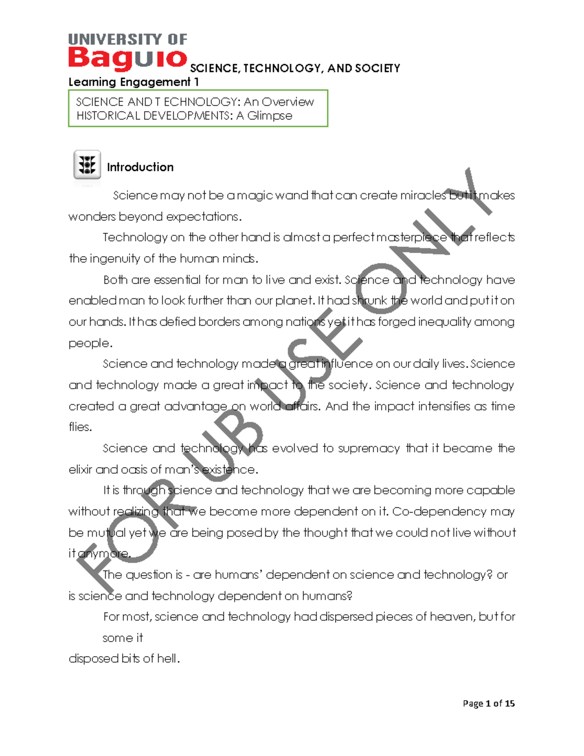 Learning Engagement 1 Section 1 Introduction to STS - Learning ...