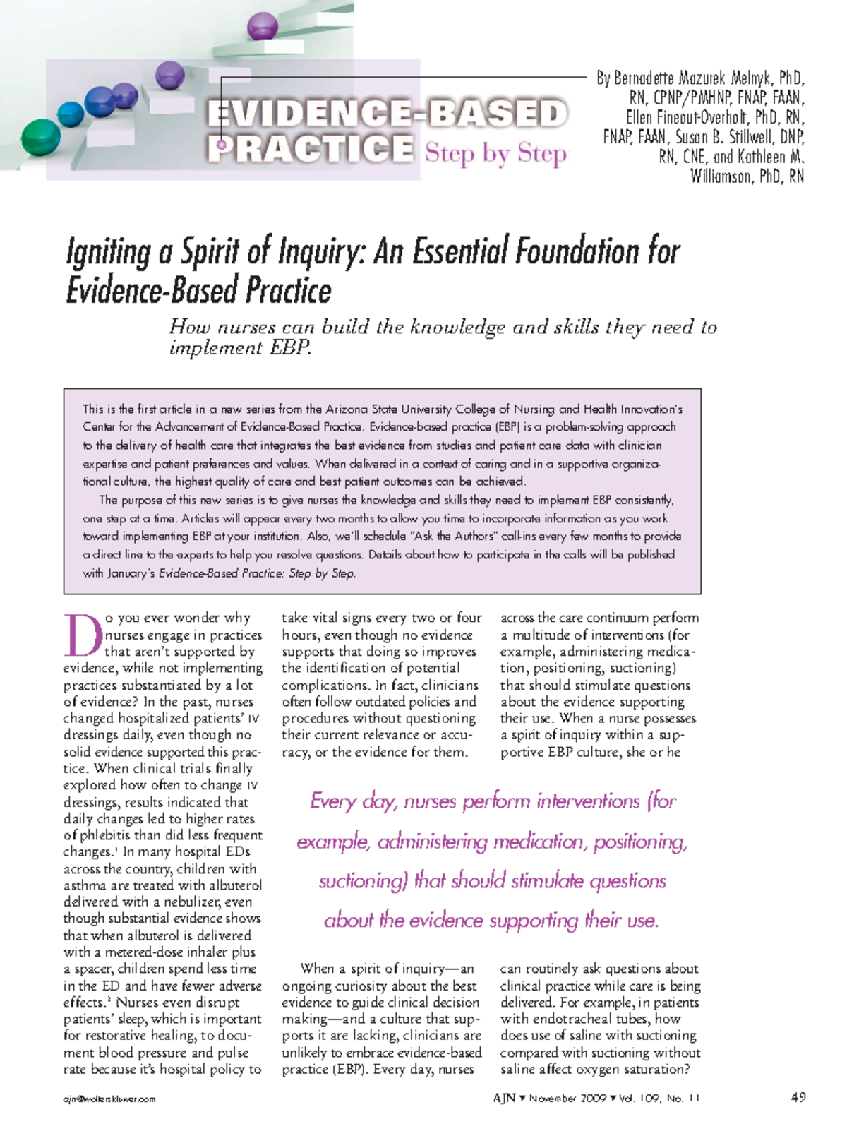 Article Melynk Evidenced Based-Practice Igniting a Spirit of Inquiry ...