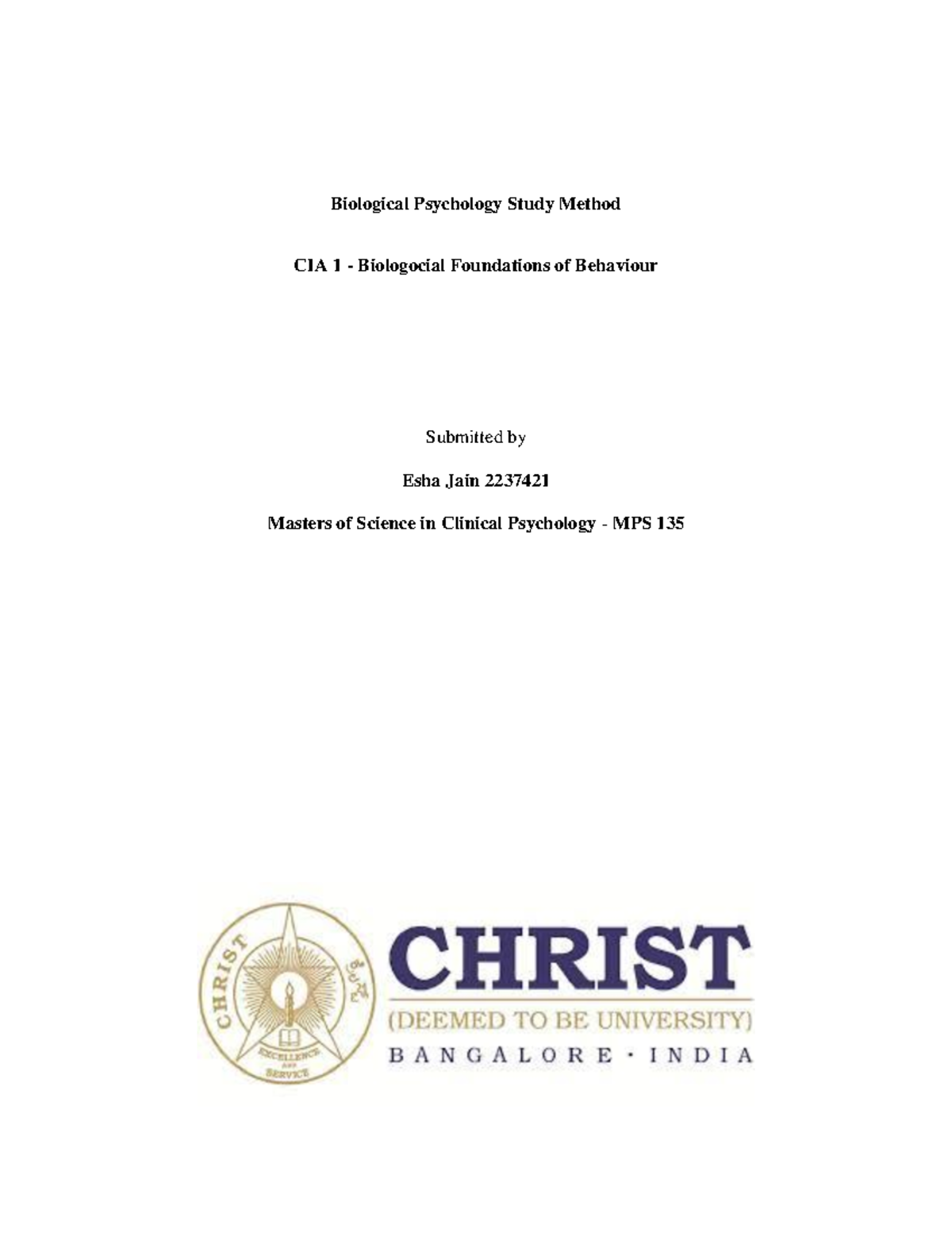 CIA Biopsychology - Biological Psychology Study Method CIA 1 ...