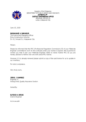 Memo 097.7 100722 Conduct of Written Examination for DPWH Laboratory ...
