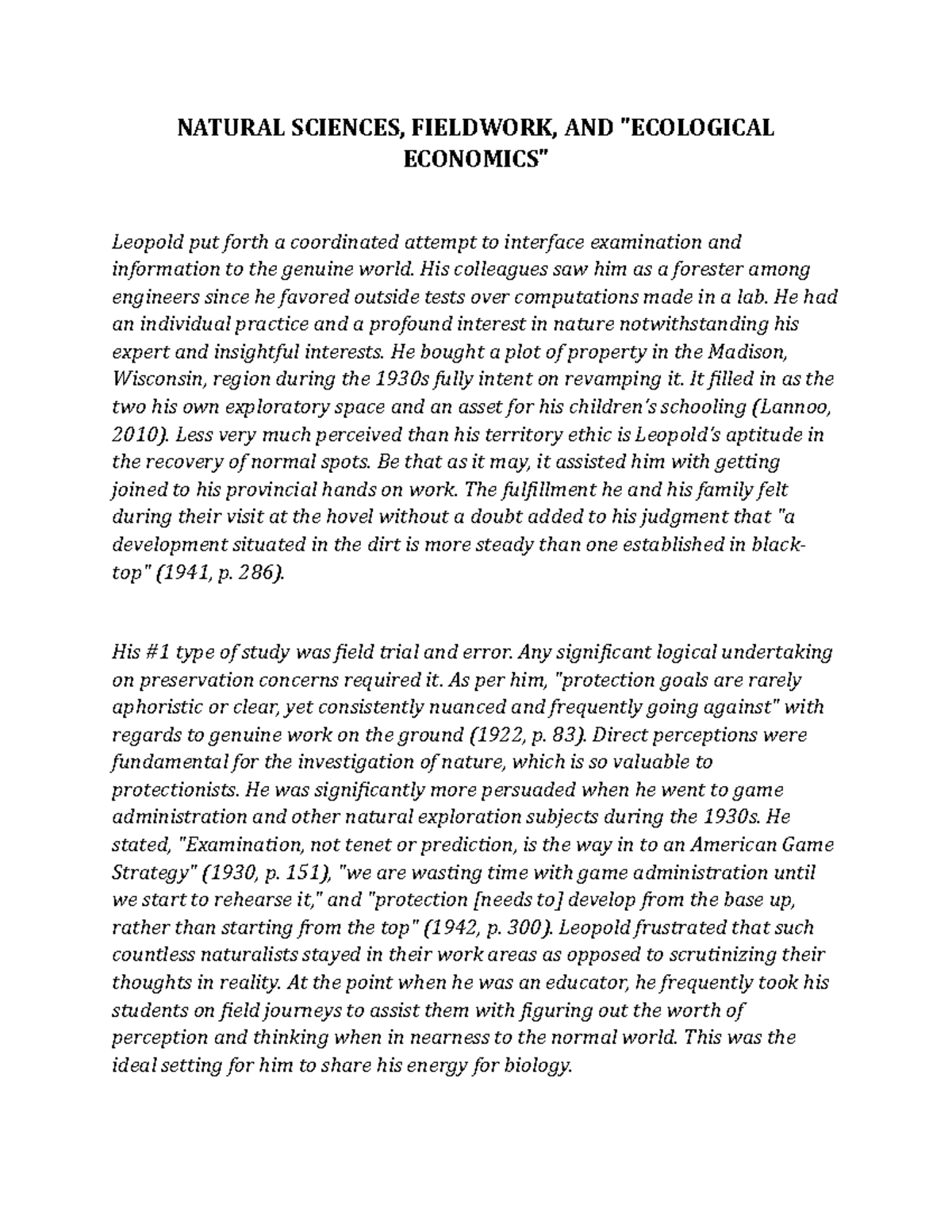 Natural Sciences, Fieldwork, AND Ecological Economics - NATURAL ...