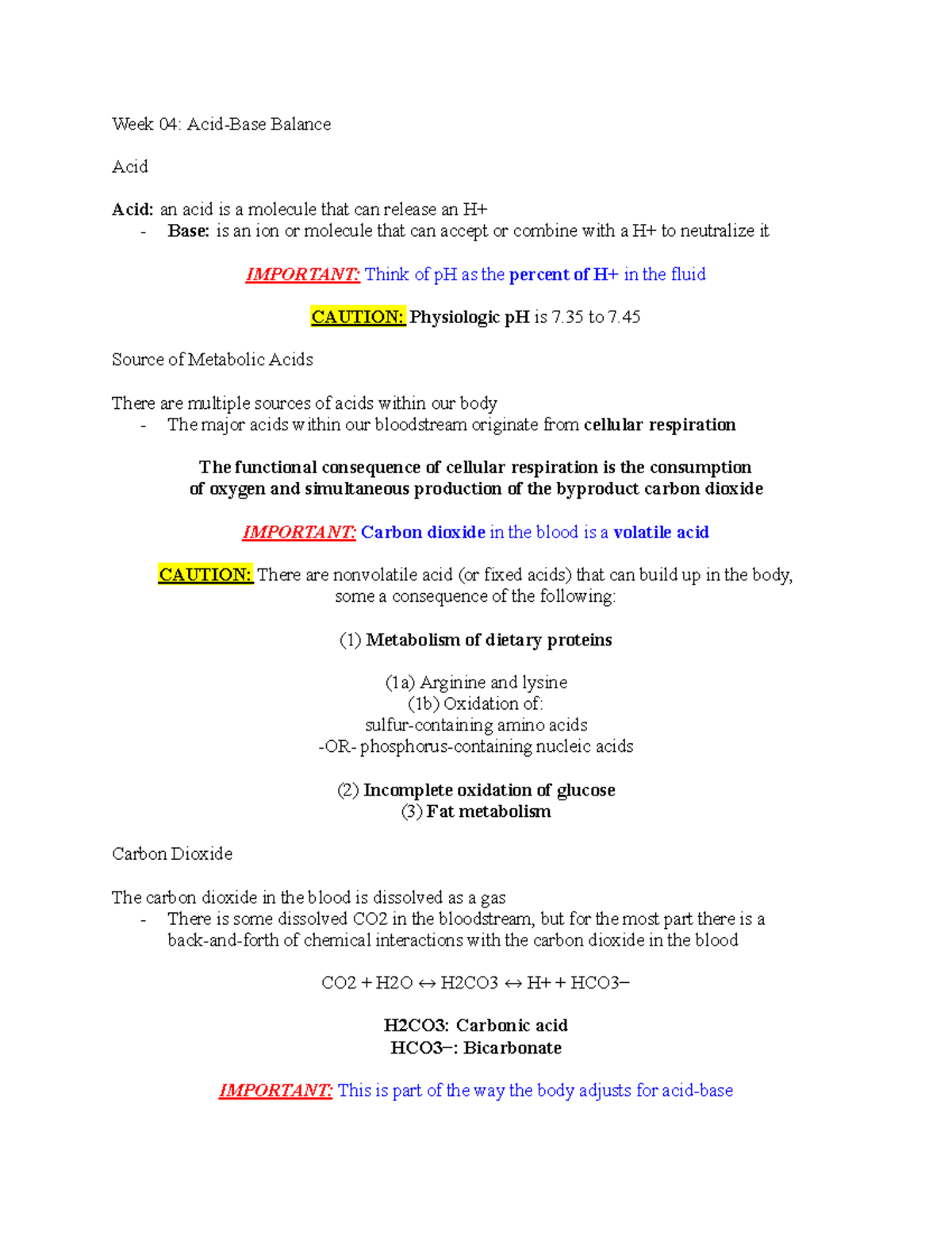 Week 4 Study Session Acid-base balance - Week 04: Acid-Base Balance ...