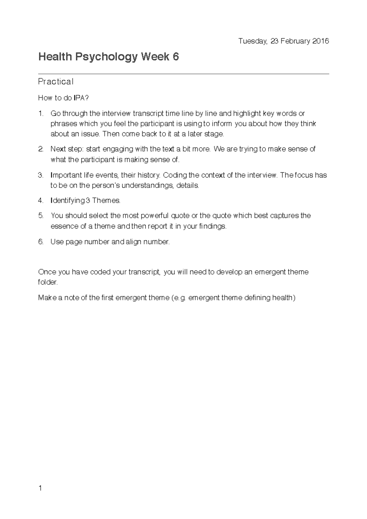 Health Psychology Practical Week 6 - Tuesday, 23 February 2016 Health ...