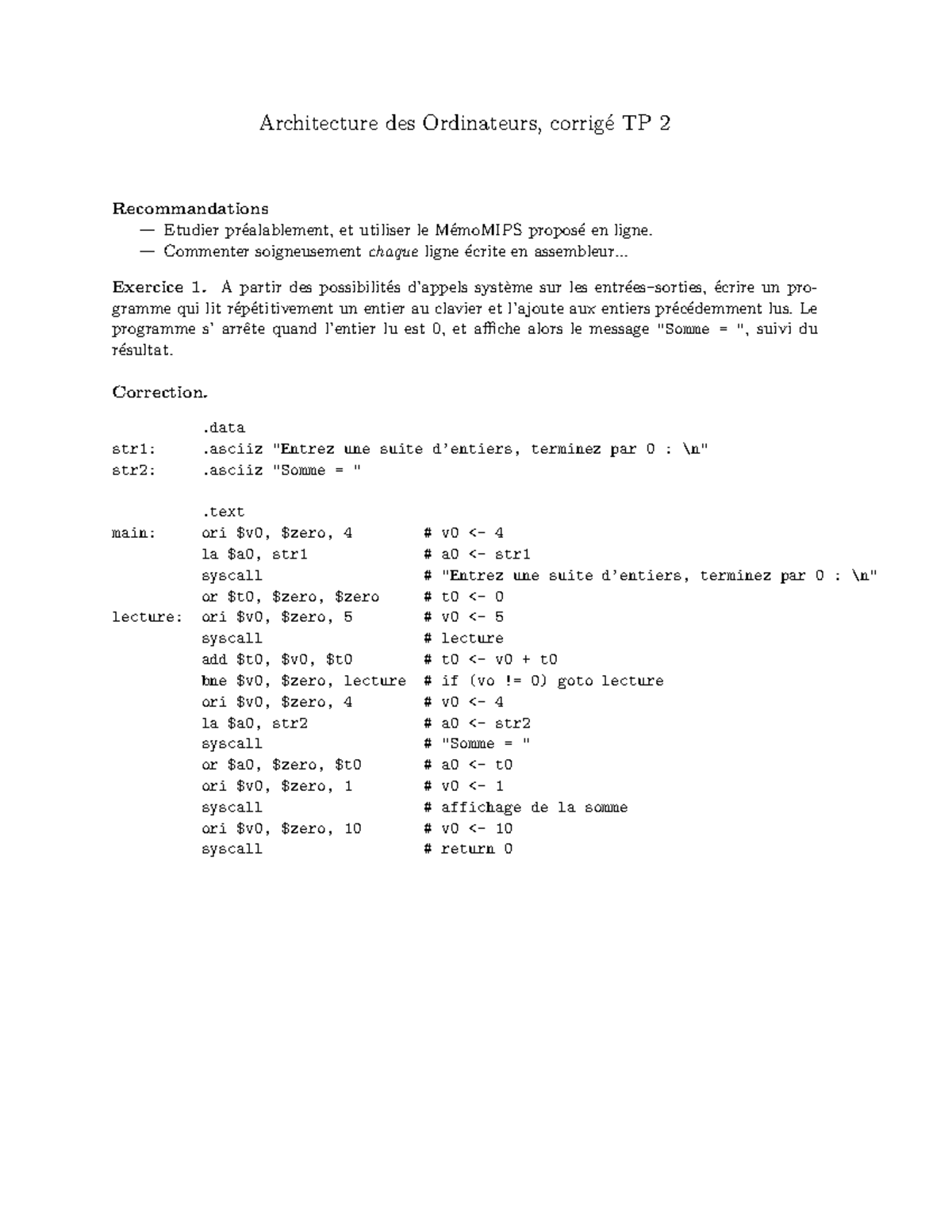 Correctp 2 - Assembleur 8086 - Architecture des Ordinateurs, corrig ́e TP 2 Recommandations ...